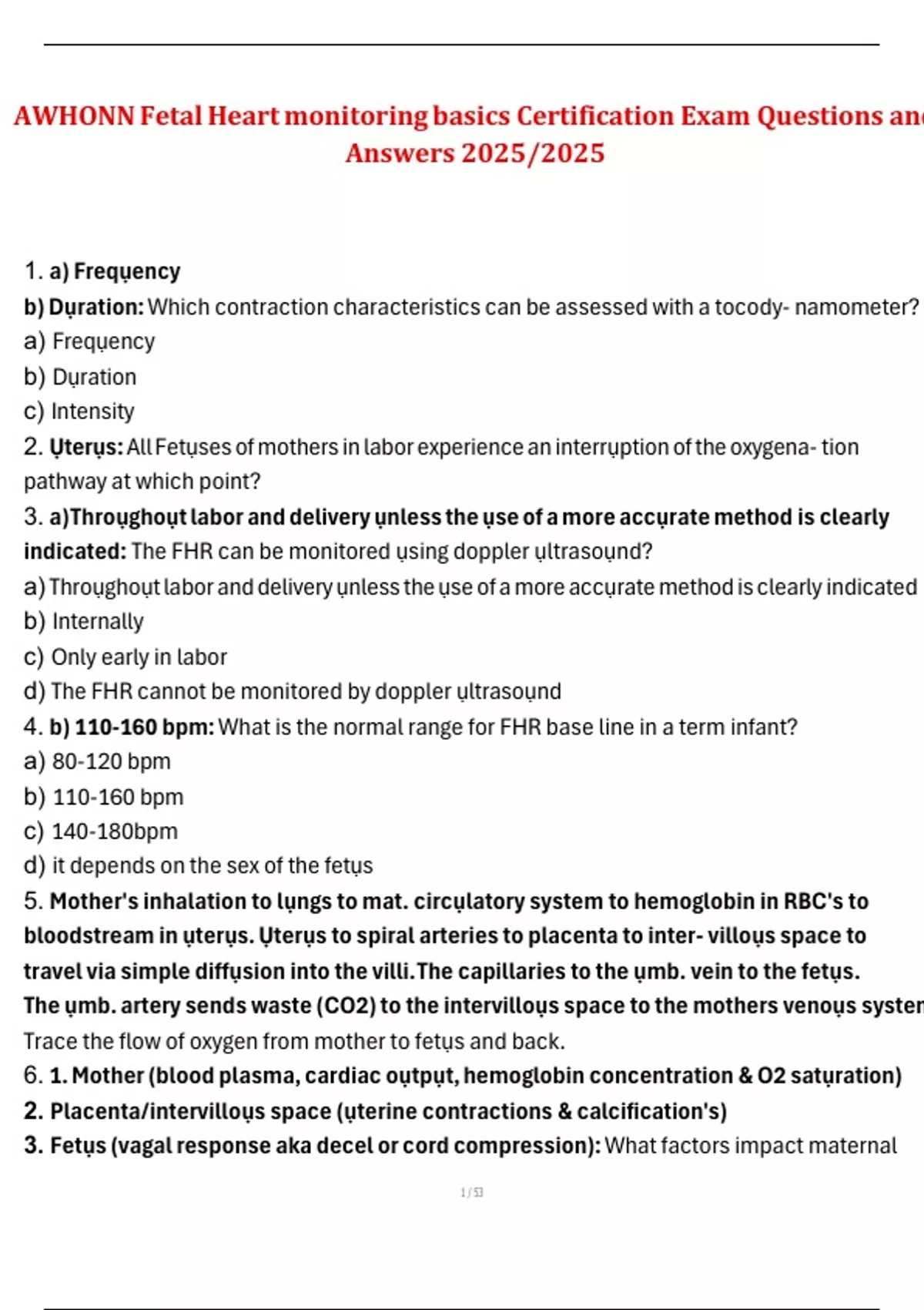 AWHONN Fetal Heart Monitoring Basics – Certification Exam Questions and ...