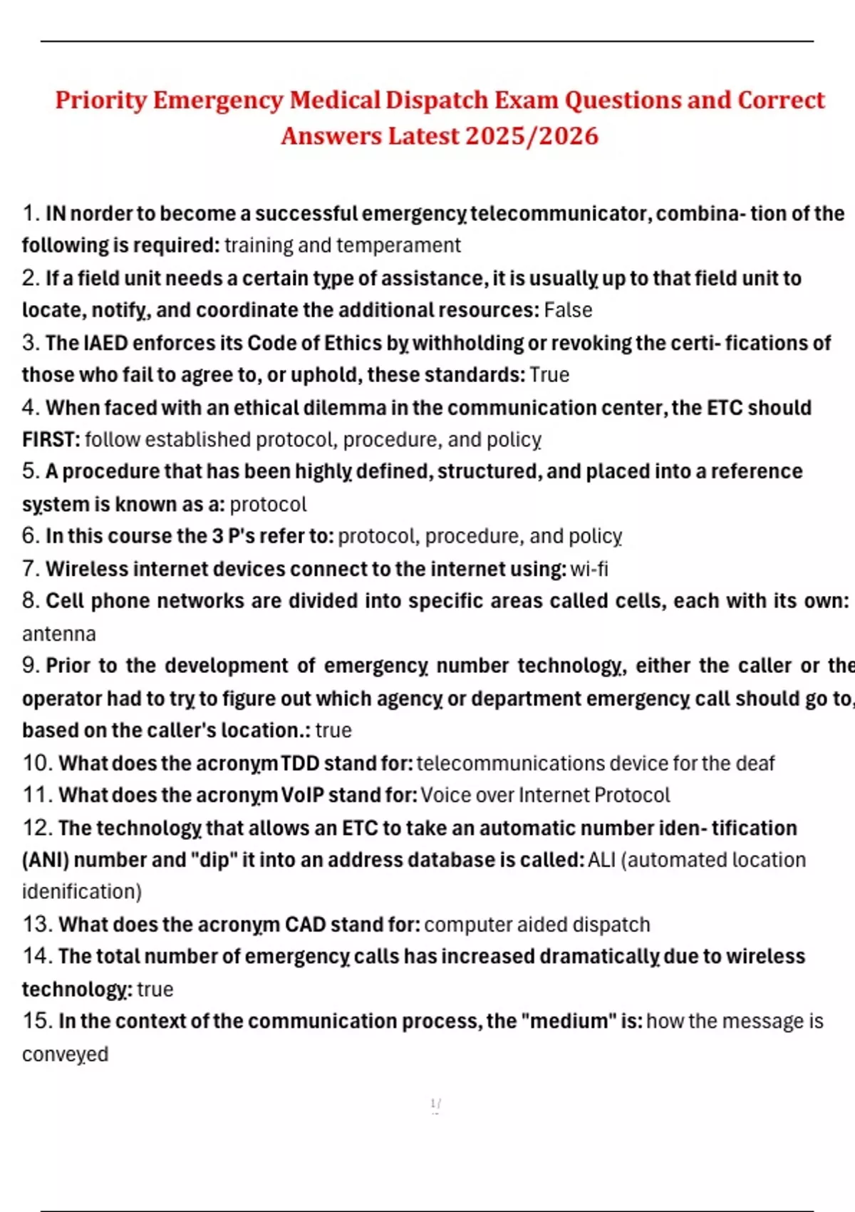 Priority Emergency Medical Dispatch (EMD) Exam – Questions and Correct ...