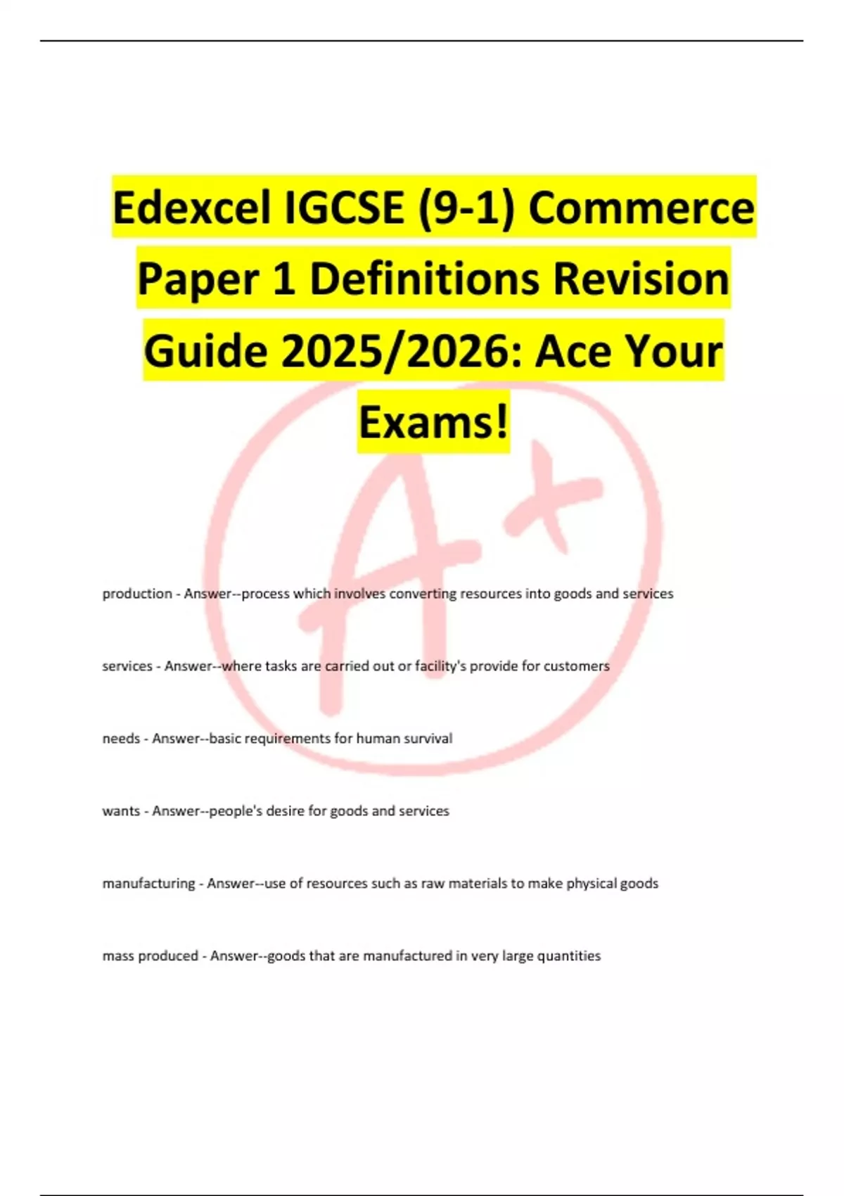 Edexcel IGCSE (9-1) Commerce Paper 1 Definitions Revision Guide 2025/2026: Ace Your Exams ...