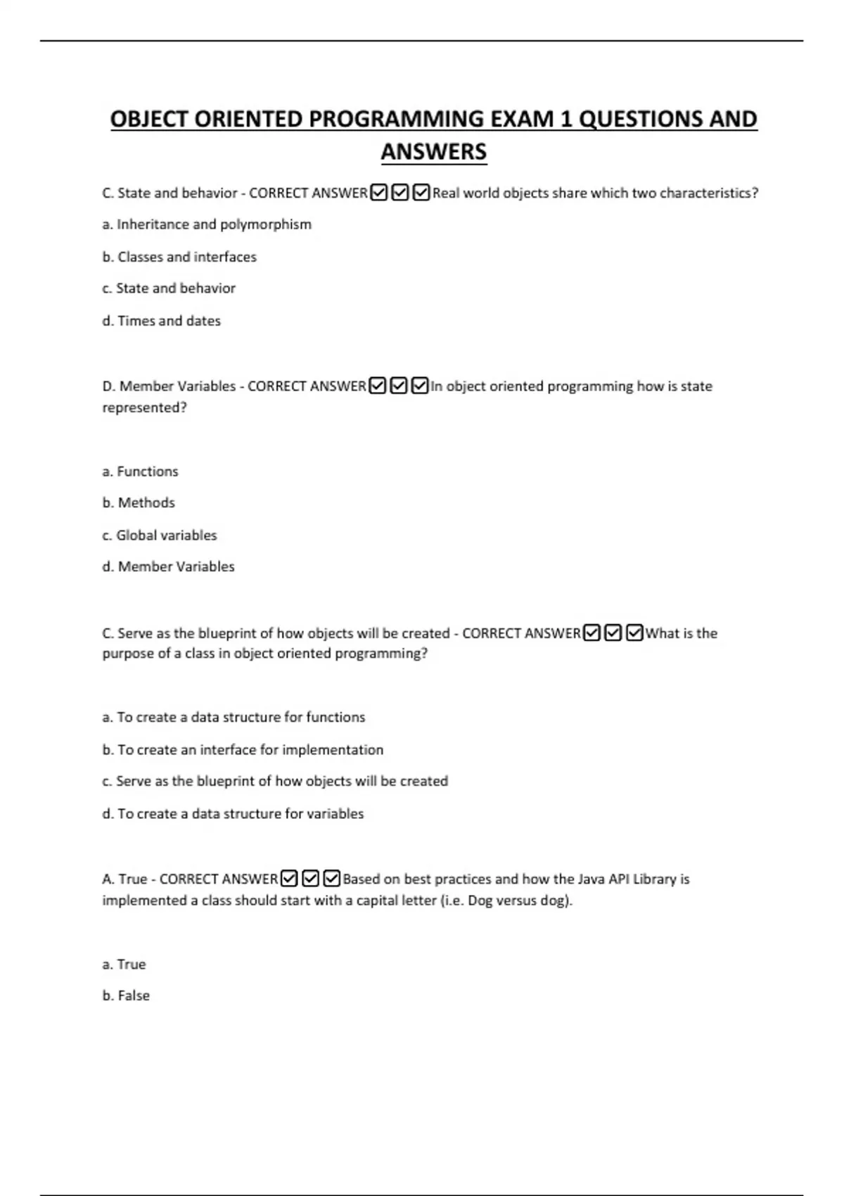 OBJECT ORIENTED PROGRAMMING EXAM 1 QUESTIONS AND ANSWERS - OBJECT ORIENTED PROGRAMMING - Stuvia US