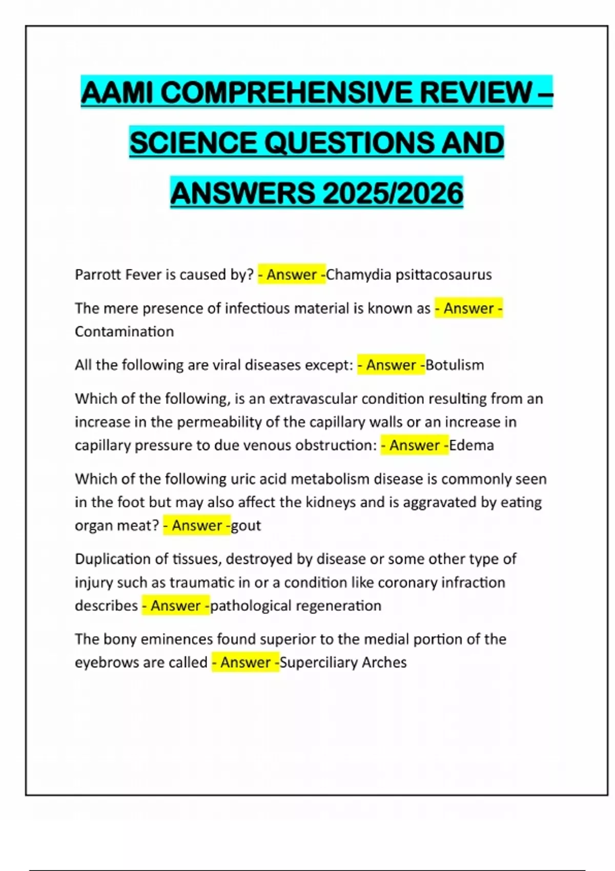 AAMI COMPREHENSIVE REVIEW – SCIENCE QUESTIONS AND ANSWERS 2025/2026 ...