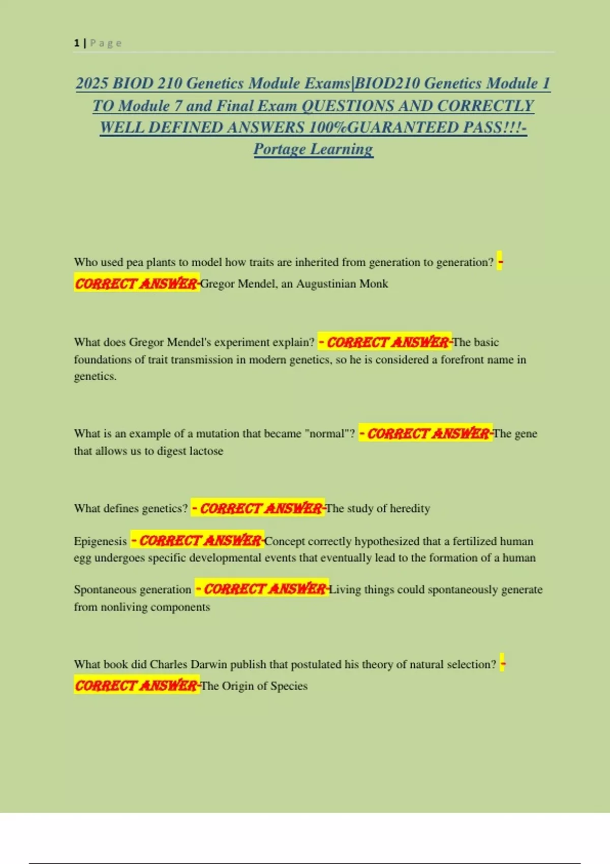 2025 BIOD 210 Genetics Module Exams|BIOD210 Genetics Module 1 TO Module ...