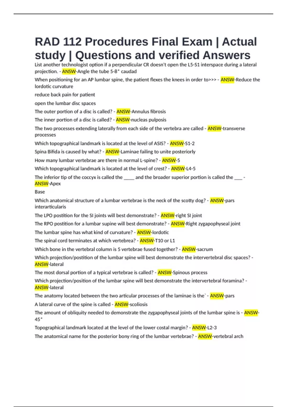 RAD 112 Procedures Final Exam | Actual study | Questions and verified ...