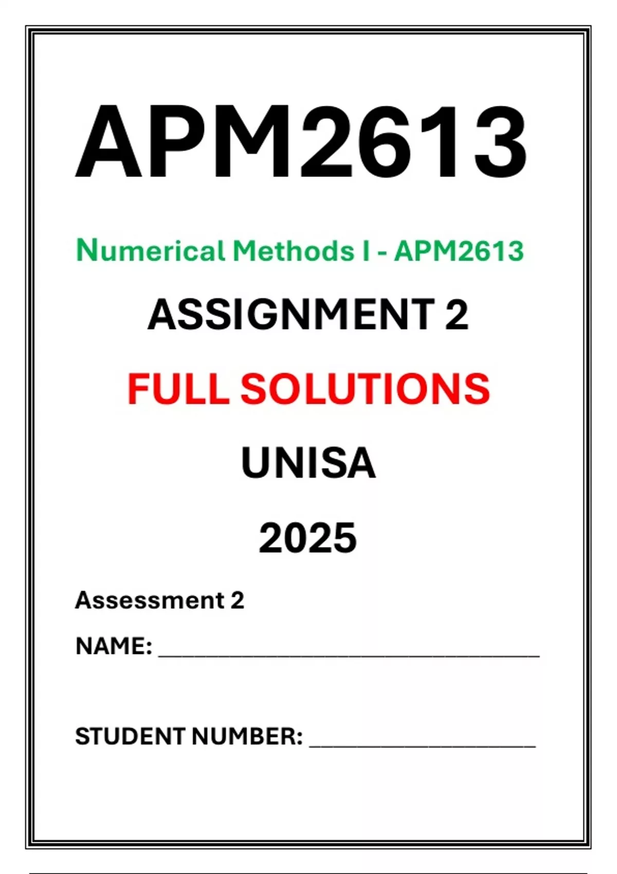 APM2613 Assignment 2 Complete Solutions UNISA 2025 Numerical Methods I - APM2613 Assignment 2 ...