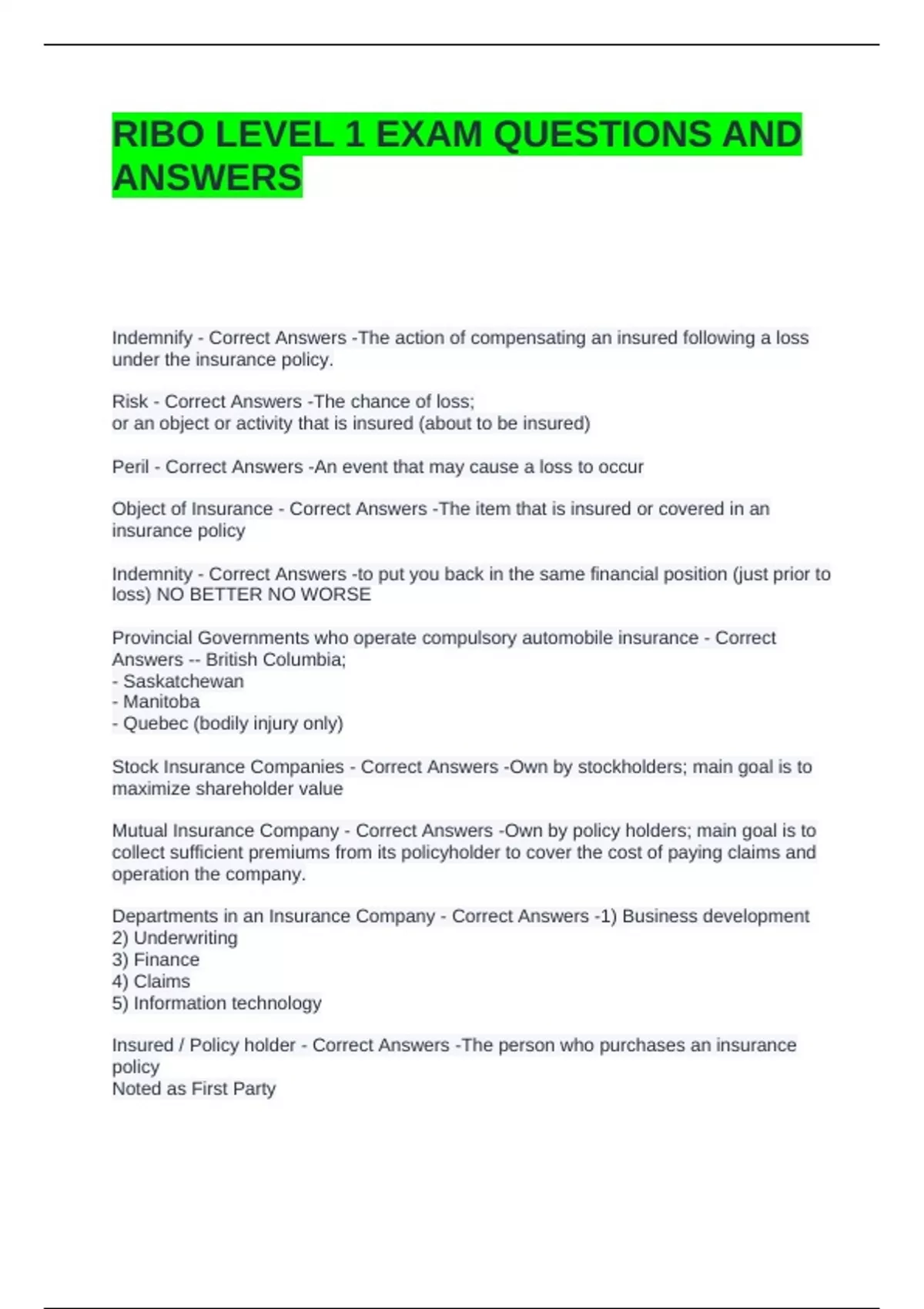 RIBO LEVEL 1 EXAM QUESTIONS AND ANSWERS - RIBO Insurance - Stuvia US