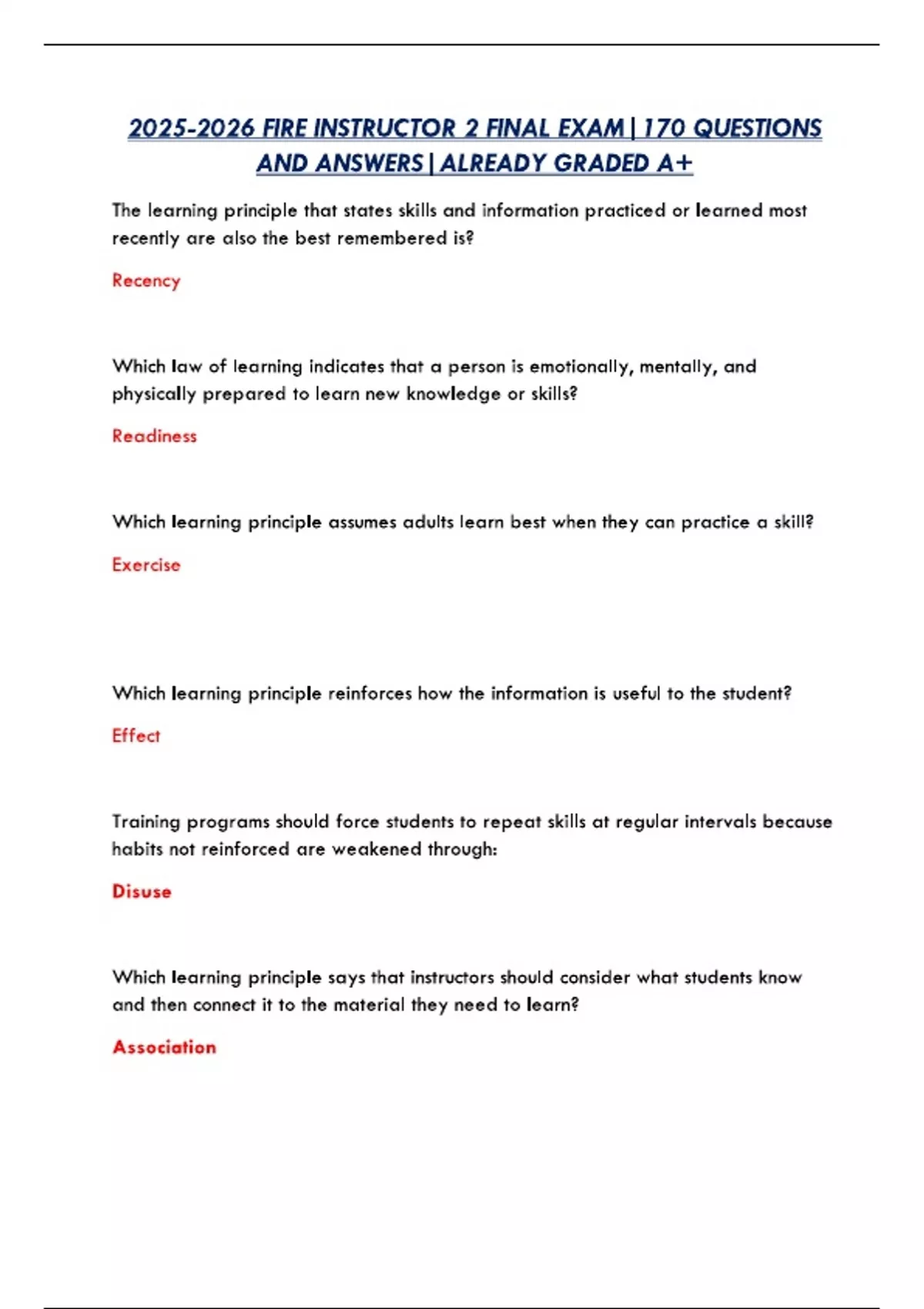 FIRE INSTRUCTOR 2 FINAL EXAM|170 QUESTIONS AND ANSWERS|ALREADY GRADED ...