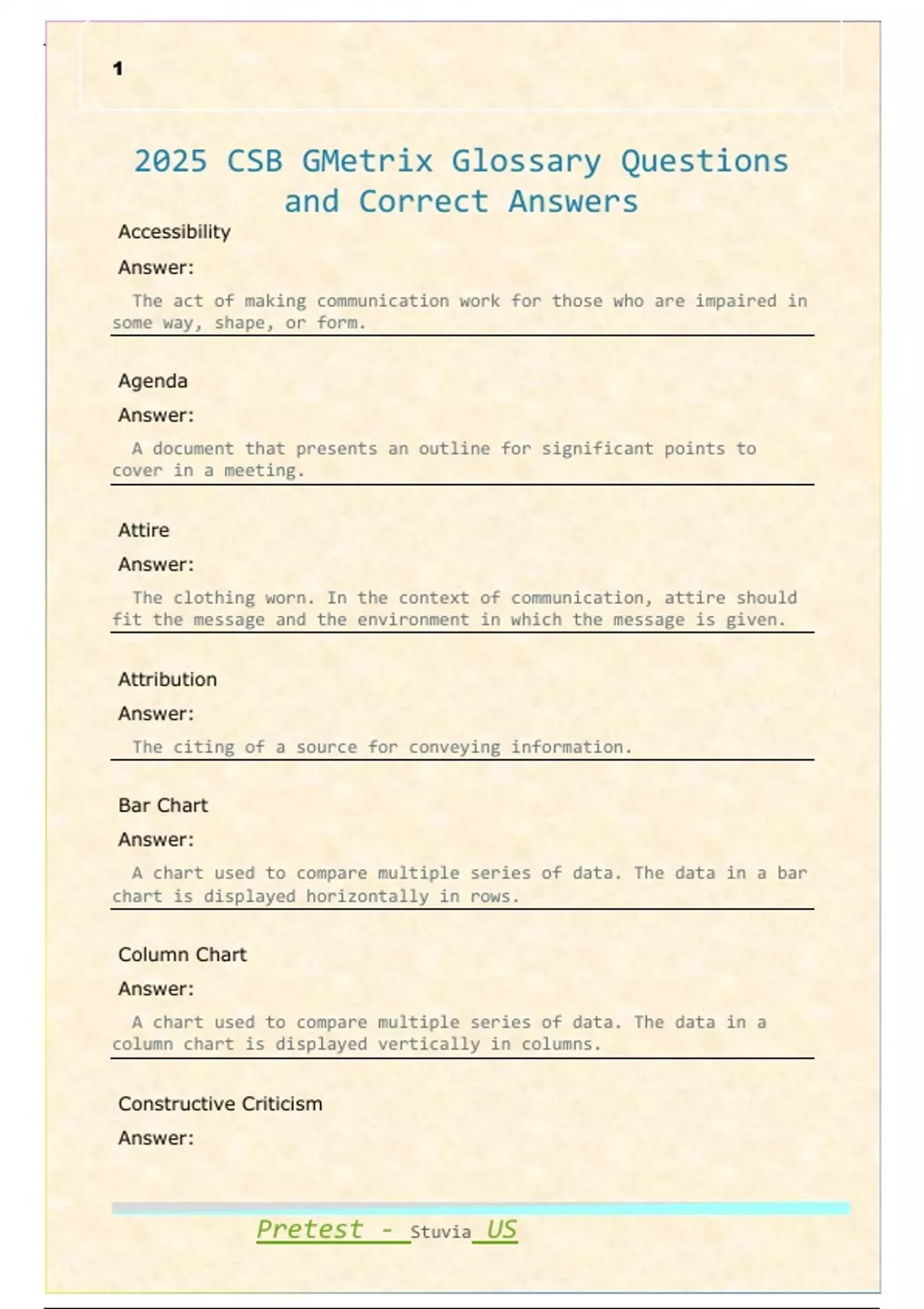 2025 CSB GMetrix Glossary Questions and Correct Answers - CSB - Stuvia US