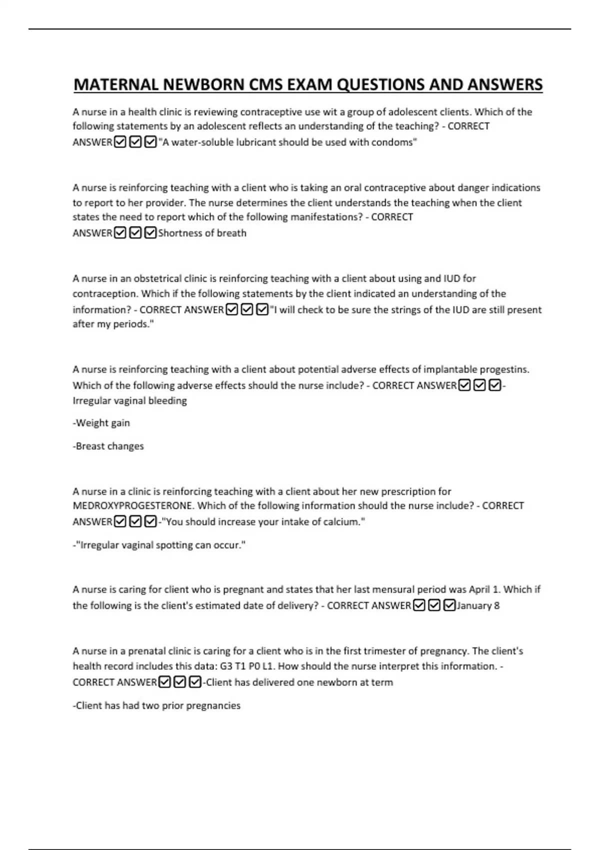 MATERNAL NEWBORN CMS EXAM QUESTIONS AND ANSWERS - MATERNAL NEWBORN CMS ...