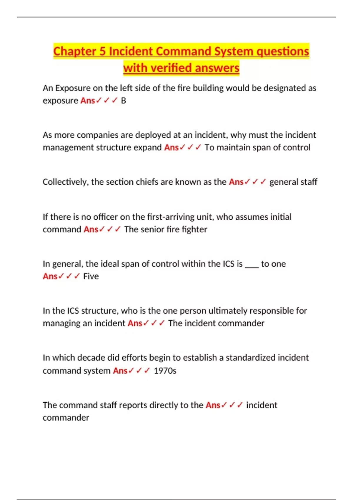 Chapter 5 – Incident Command System (ICS) Exam Questions with Verified Answers - NIMS ICS 300 ...