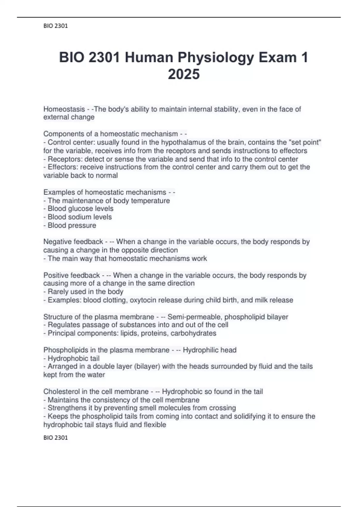 BIO 2301 Human Physiology Exam 1 2025 - Bio 2301 Human Physiology ...