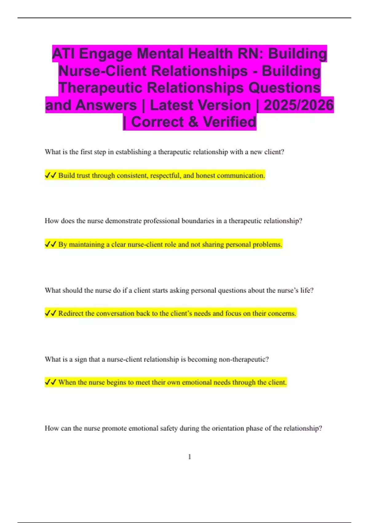 ATI Engage Mental Health RN: Building Nurse-Client Relationships ...