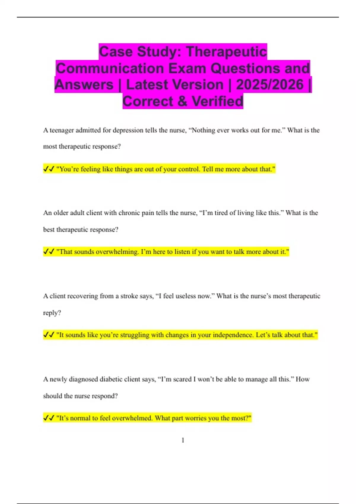 Case Study: Therapeutic Communication Exam Questions and Answers ...