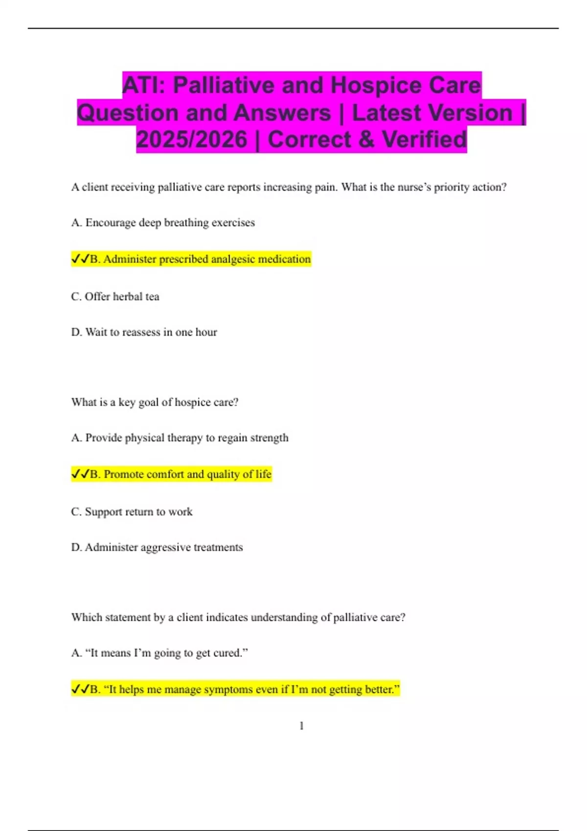 ATI: Palliative and Hospice Care Question and Answers | Latest Version ...