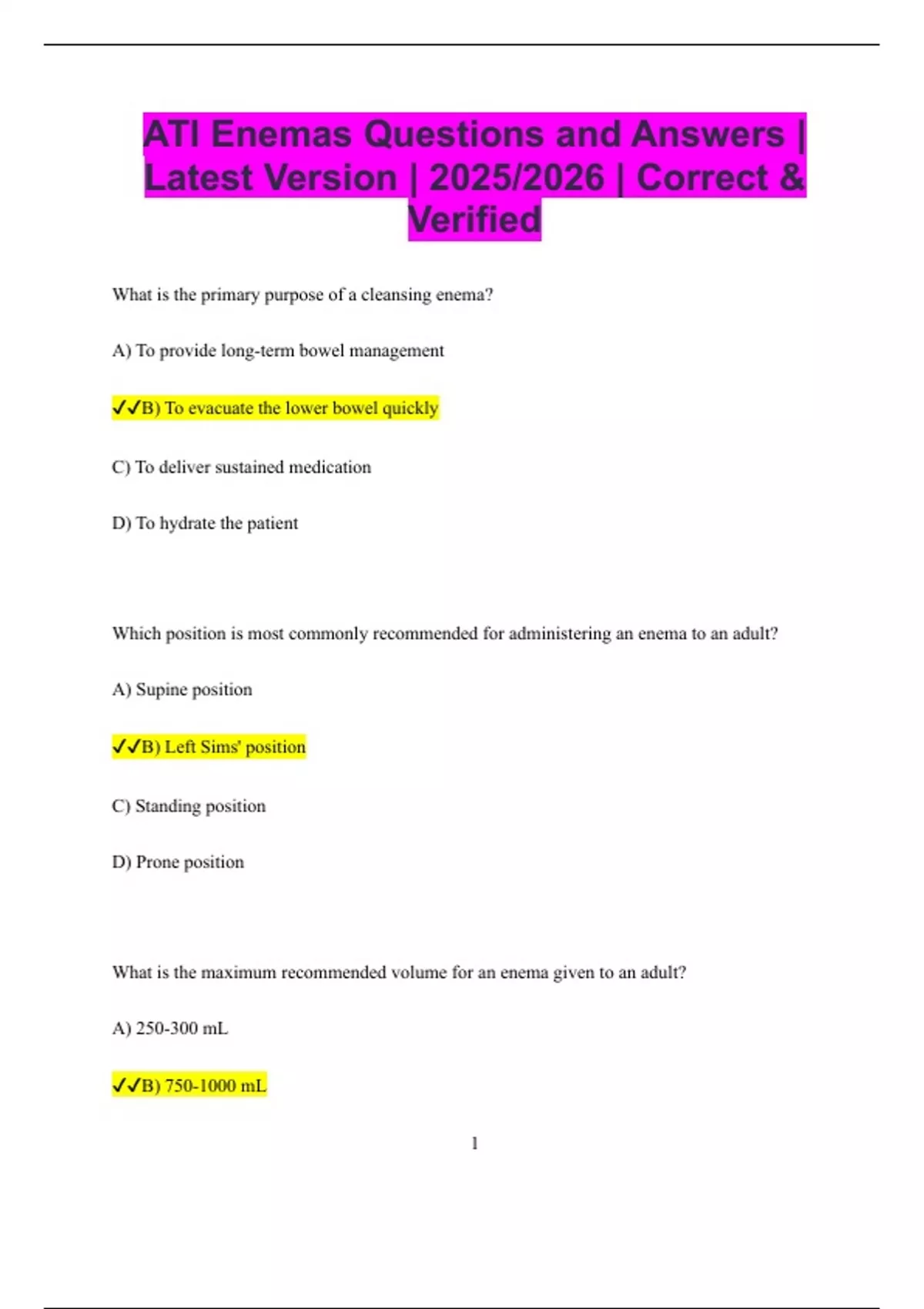 Ati Enemas Questions And Answers Latest Version 20252026 Correct