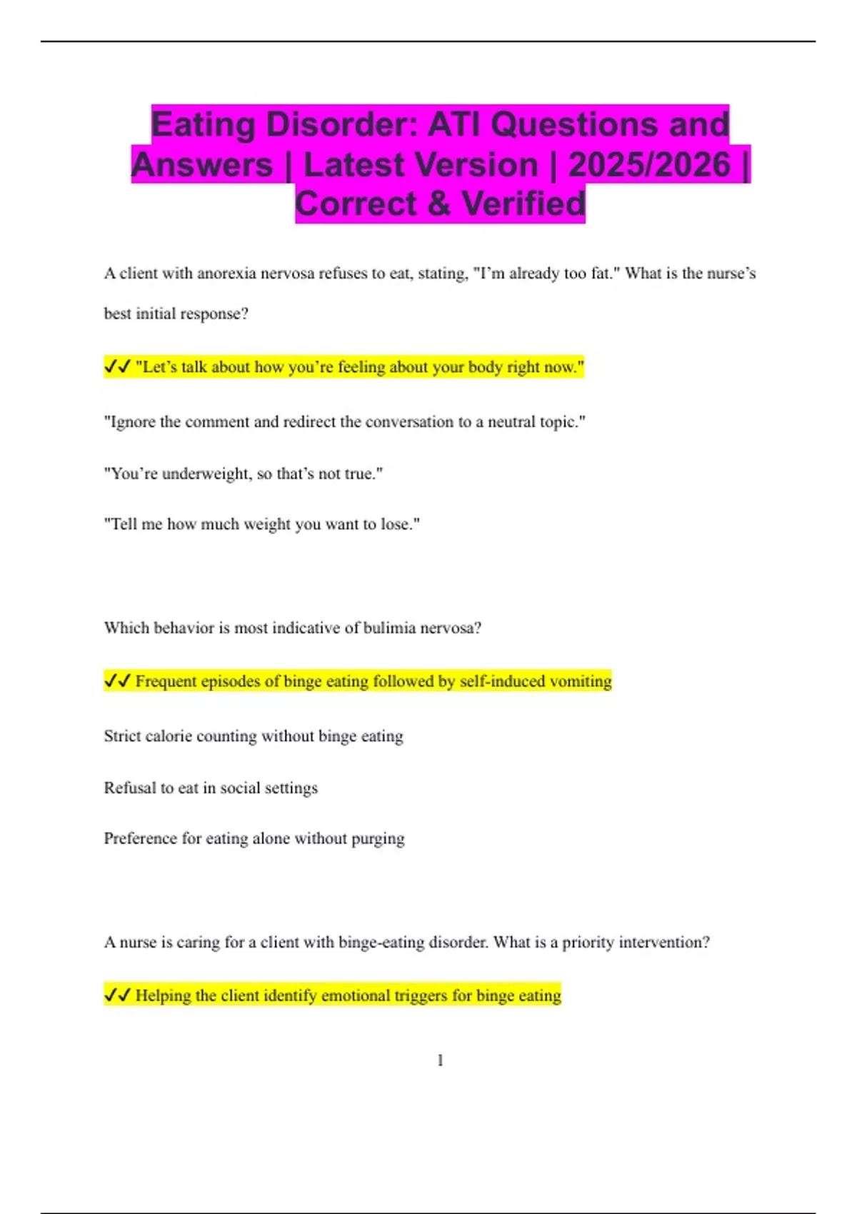 Eating Disorder: ATI Questions and Answers | Latest Version | 2025/2026 ...