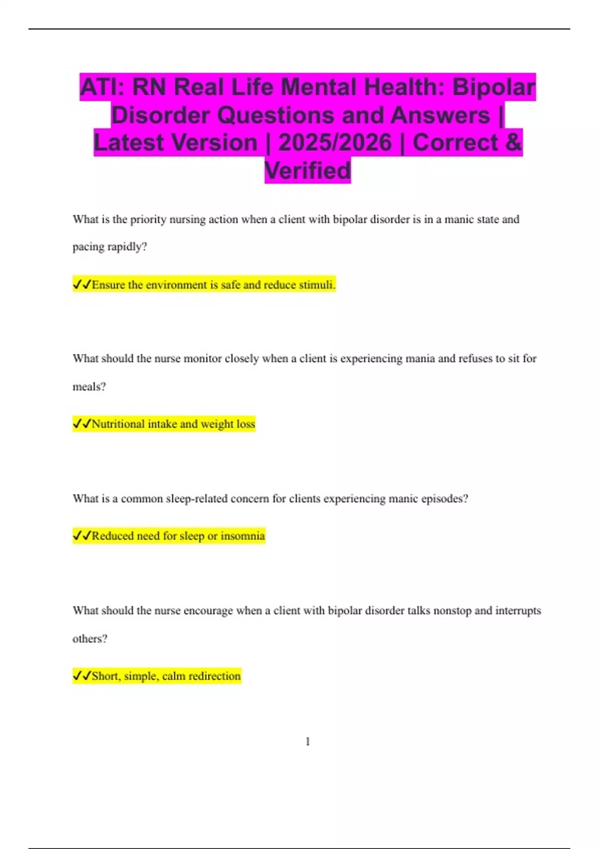 ATI: RN Real Life Mental Health: Bipolar Disorder Questions and Answers ...