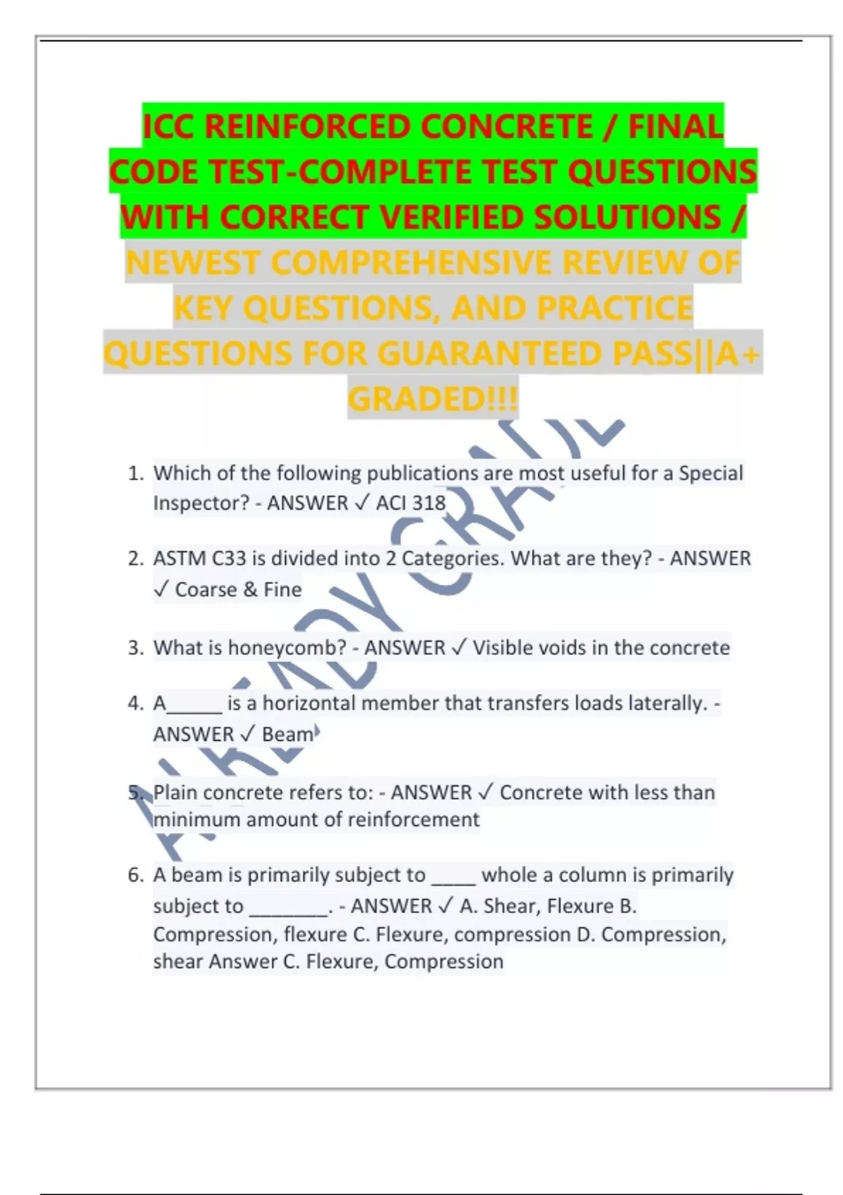 ICC REINFORCED CONCRETE / FINAL CODE TEST-COMPLETE TEST QUESTIONS WITH ...