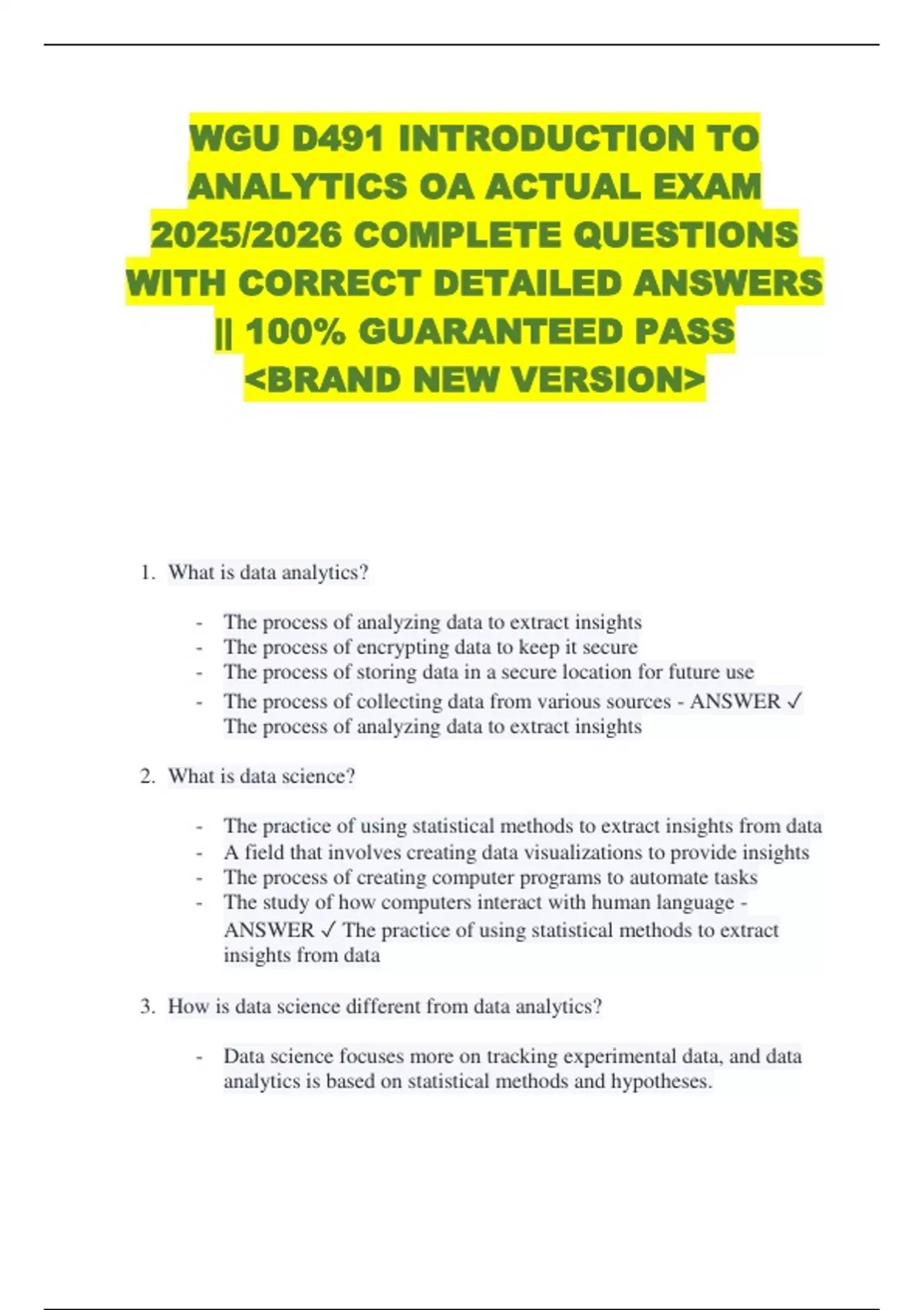 GU D491 INTRODUCTION TO ANALYTICS OA ACTUAL EXAM 2025/2026 COMPLETE QUESTIONS WITH CORRECT ...