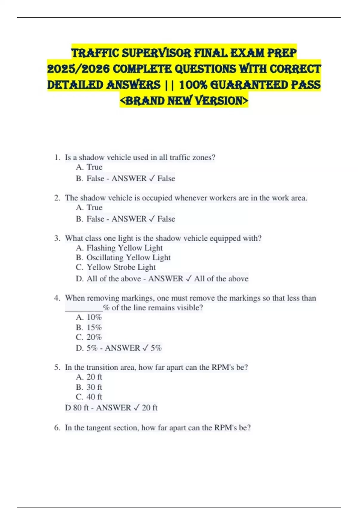 Traffic Supervisor FINAL EXAM PREP 2025/2026 COMPLETE QUESTIONS WITH ...