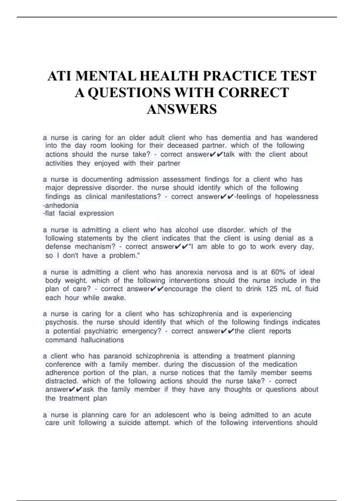 ATI MENTAL HEALTH PRACTICE TEST A QUESTIONS WITH CORRECT ANSWERS - ATI ...