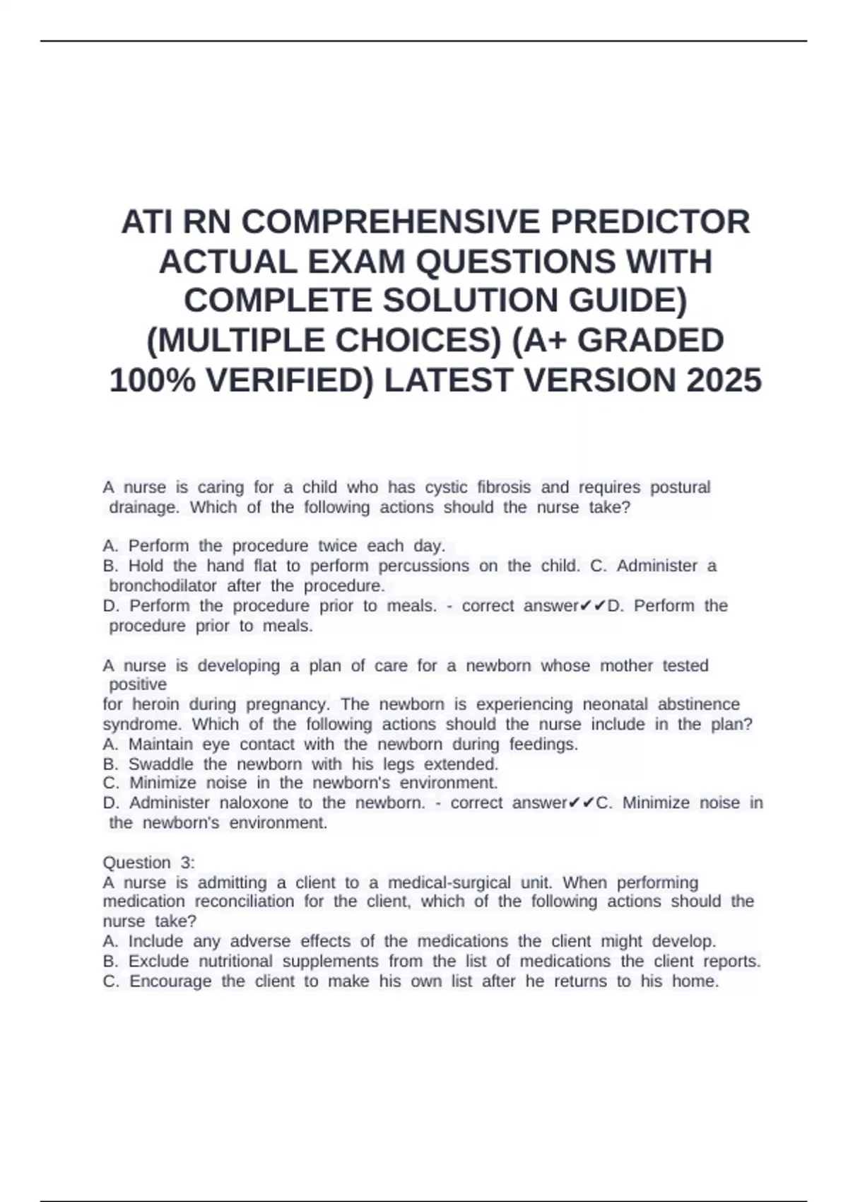 ATI RN COMPREHENSIVE PREDICTOR ACTUAL EXAM QUESTIONS WITH COMPLETE ...