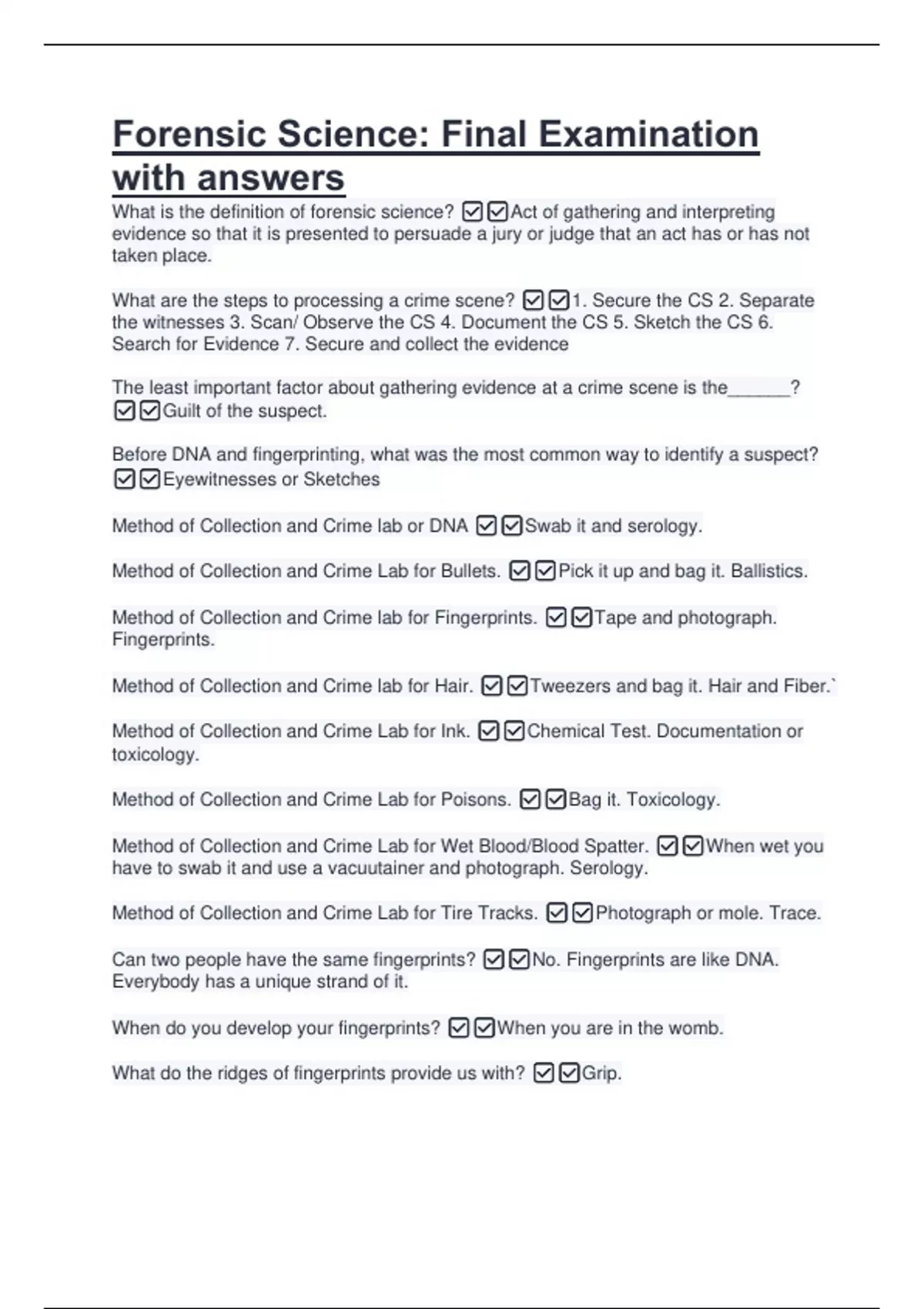 Forensic Science: Final Examination with answers - Forensic Science ...