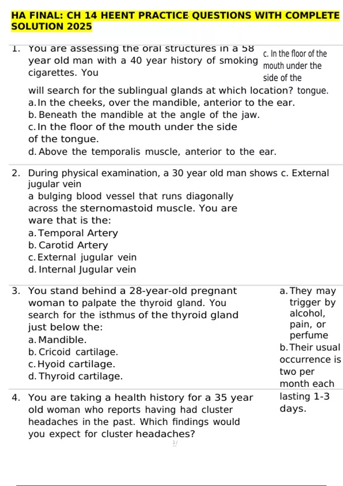 HA FINAL: CH 14 HEENT PRACTICE QUESTIONS WITH COMPLETE SOLUTION 2025 ...
