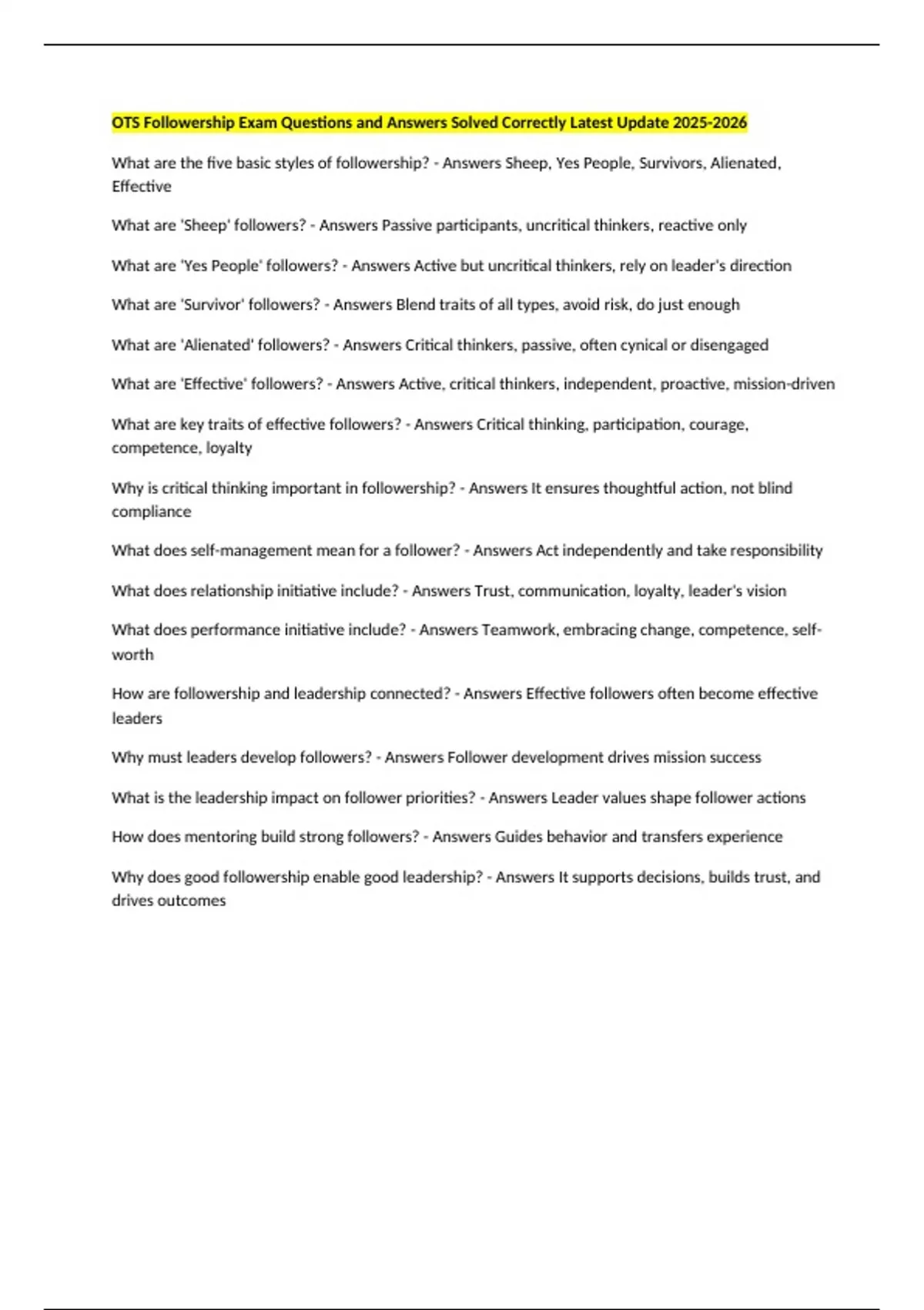 OTS Followership Exam Questions and Answers Solved Correctly Latest ...