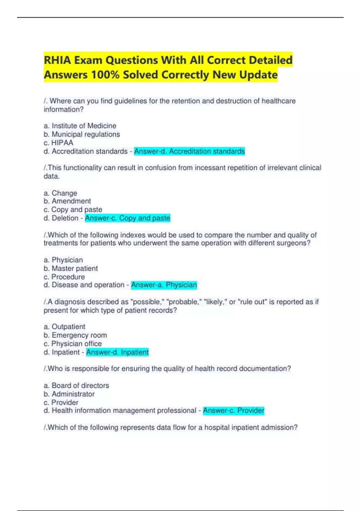 RHIA Exam Questions With All Correct Detailed Answers 100% Solved ...