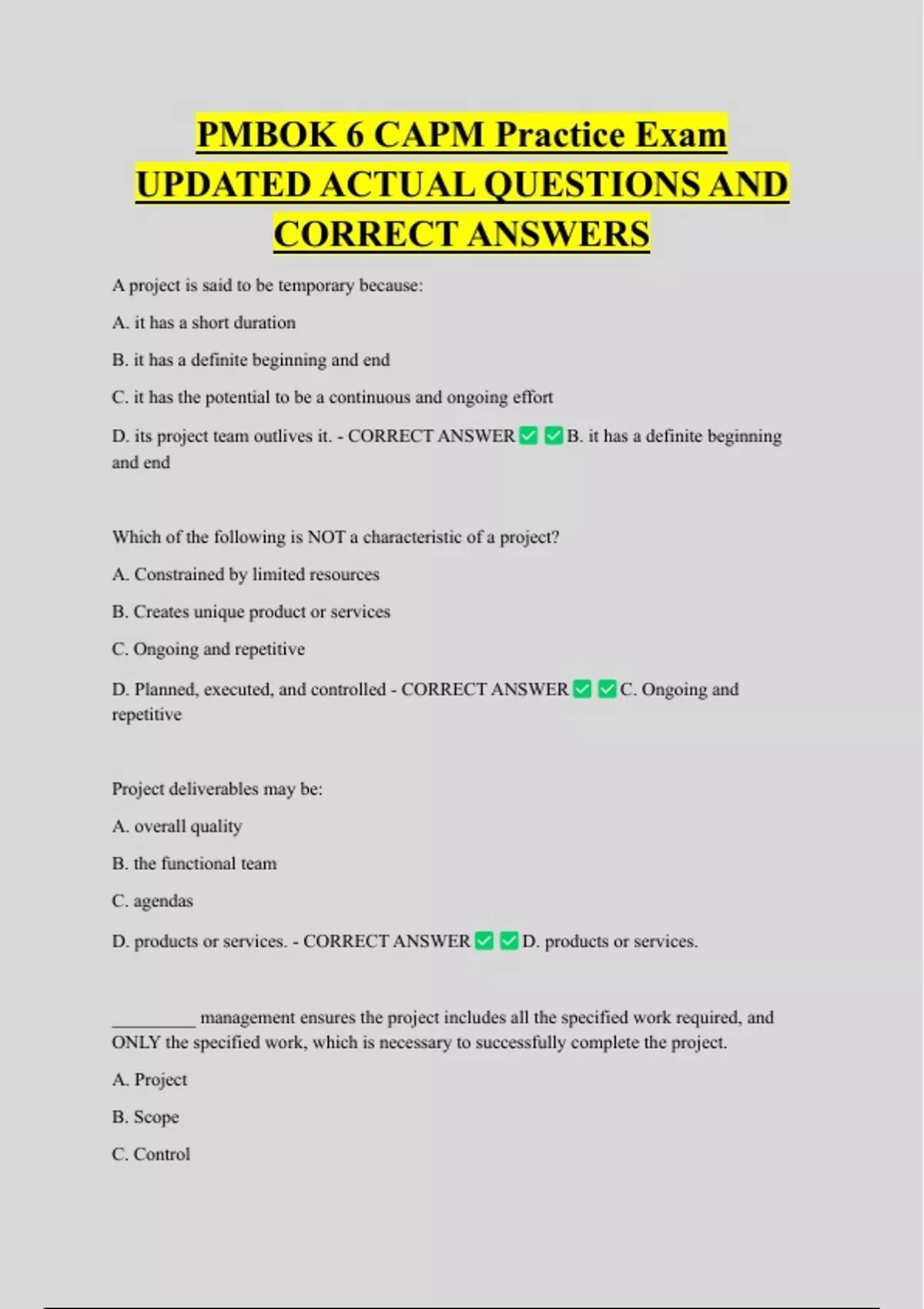 PMBOK 6 CAPM Practice Exam UPDATED ACTUAL QUESTIONS AND CORRECT ANSWERS - PMBOK CAPM - Stuvia US