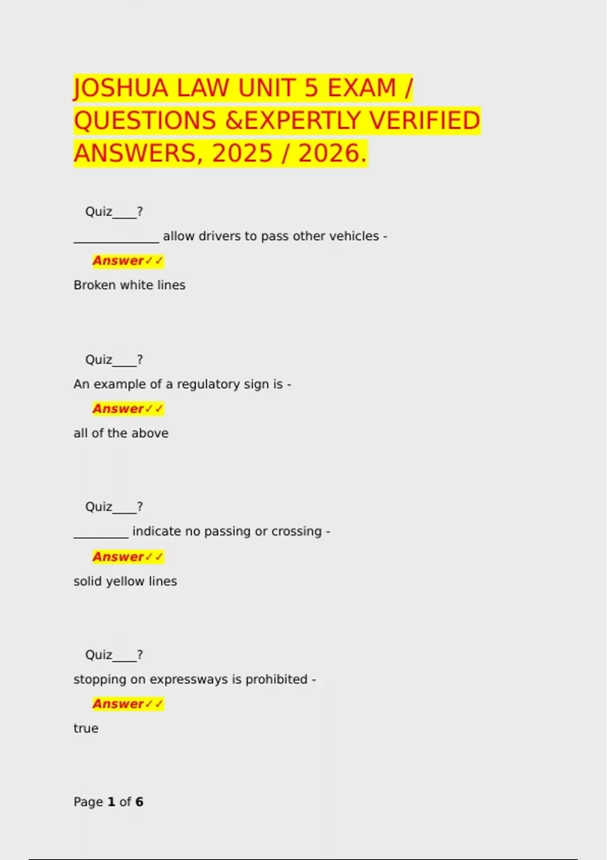 JOSHUA LAW UNIT 5 EXAM / QUESTIONS &EXPERTLY VERIFIED ANSWERS, 2025 / ...
