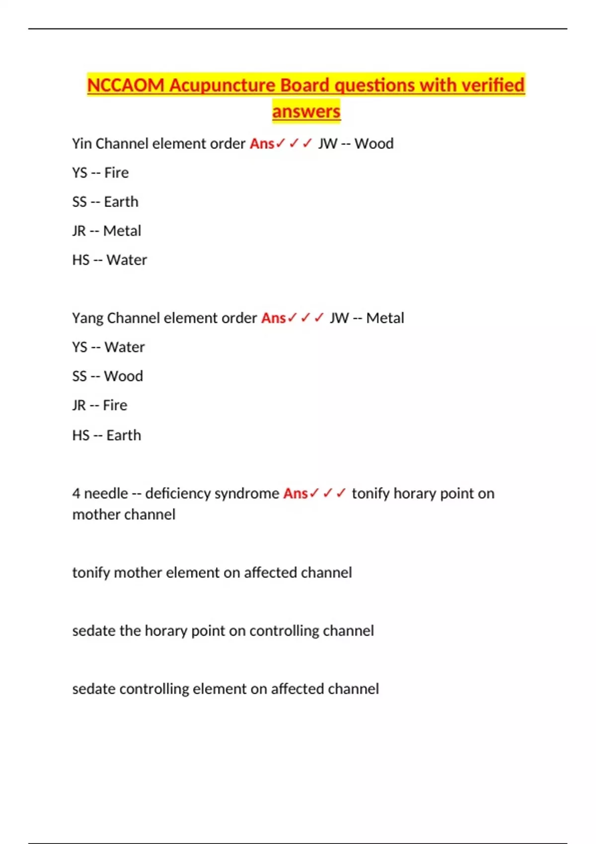 NCCAOM Acupuncture Board Exam | Verified Questions and Answers | Point ...