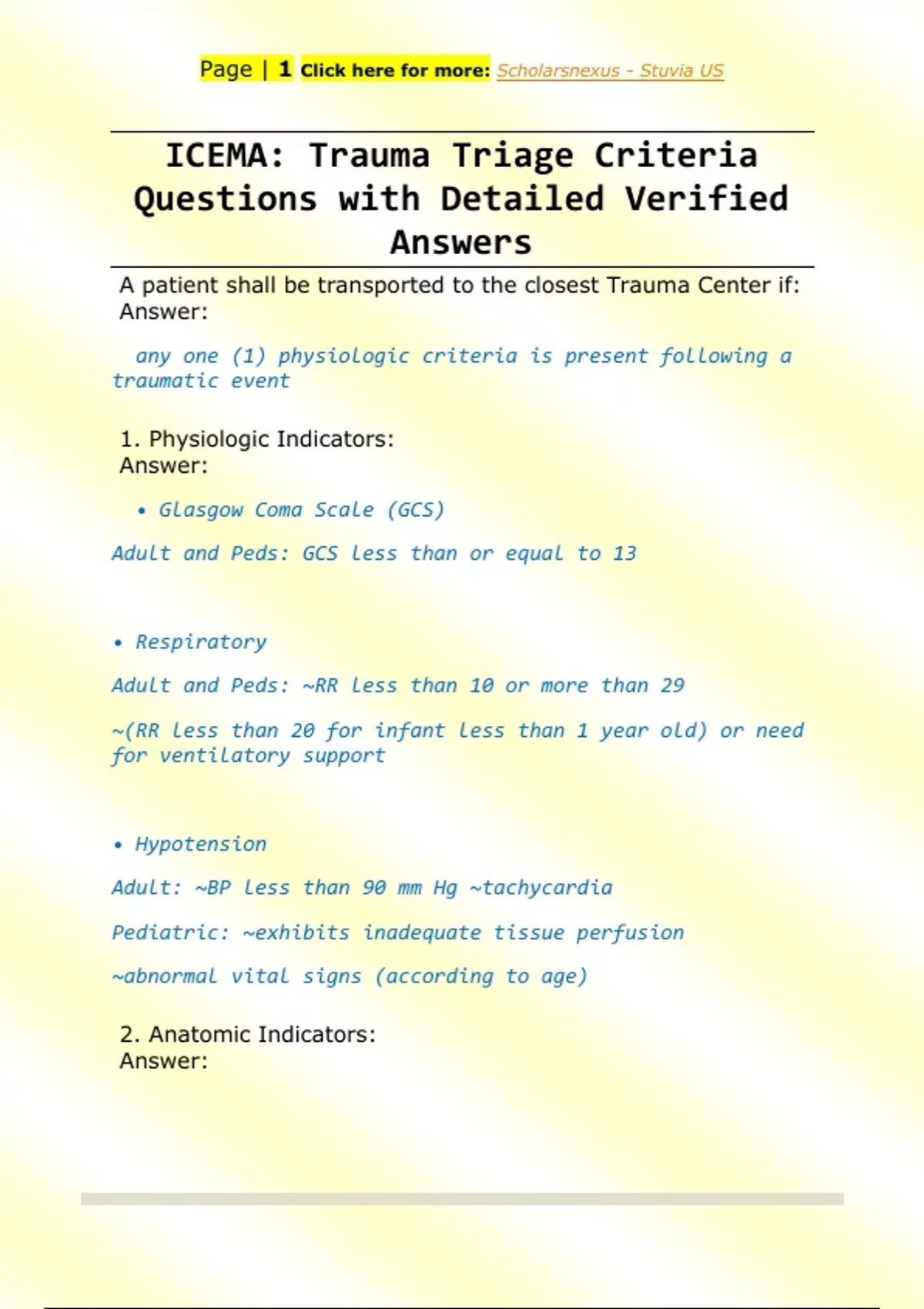 ICEMA: Trauma Triage Criteria Questions with Detailed Verified Answers ...