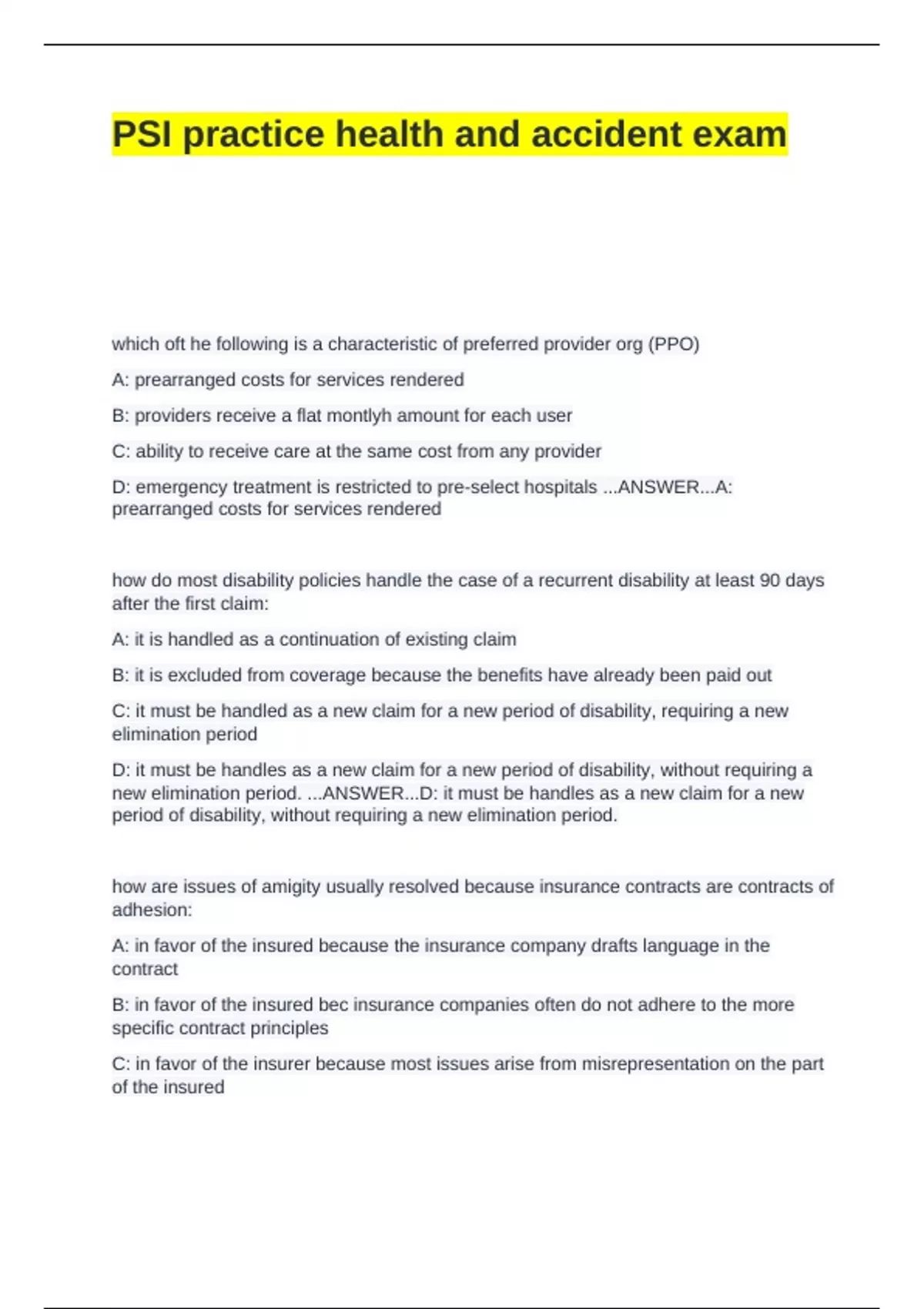 PSI practice health and accident exam - CA PSI SITE LIFE ACCIDENT AND ...