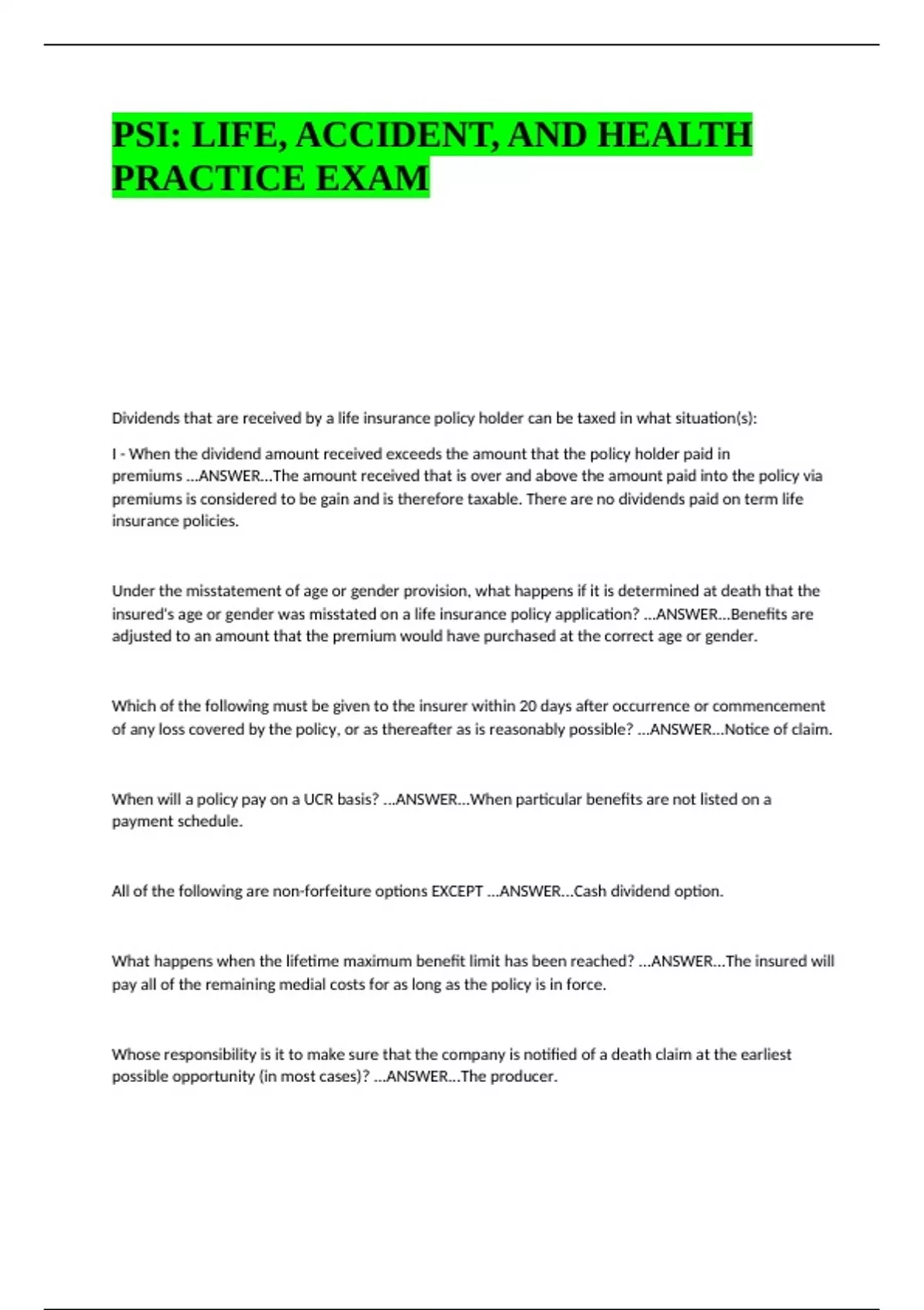 PSI: LIFE, ACCIDENT, AND HEALTH PRACTICE EXAM - CA PSI SITE LIFE ...