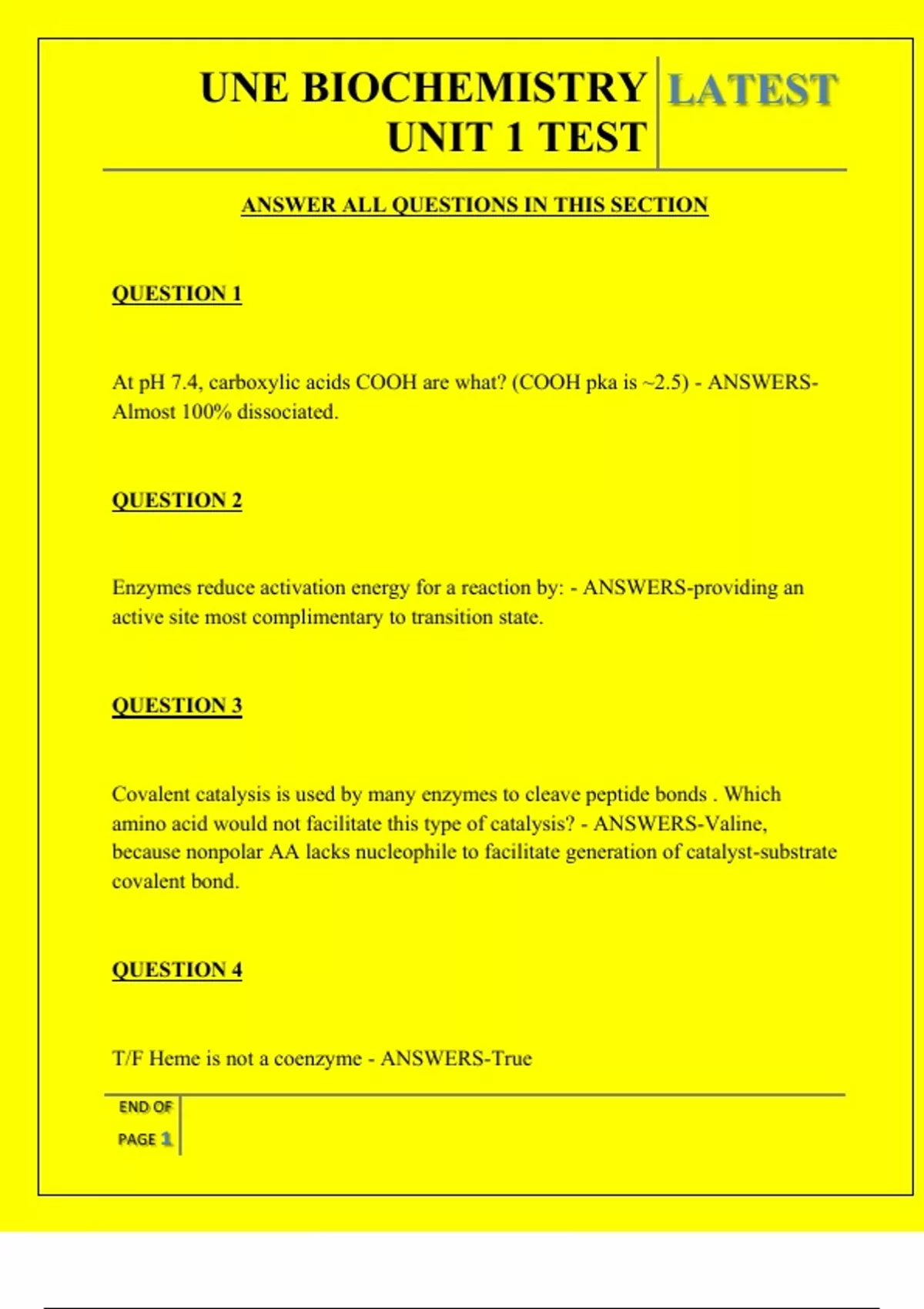 UNE BIOCHEMISTRY UNIT 1 TEST QUESTIONS AND ANSWERS 2025 - UNE ...