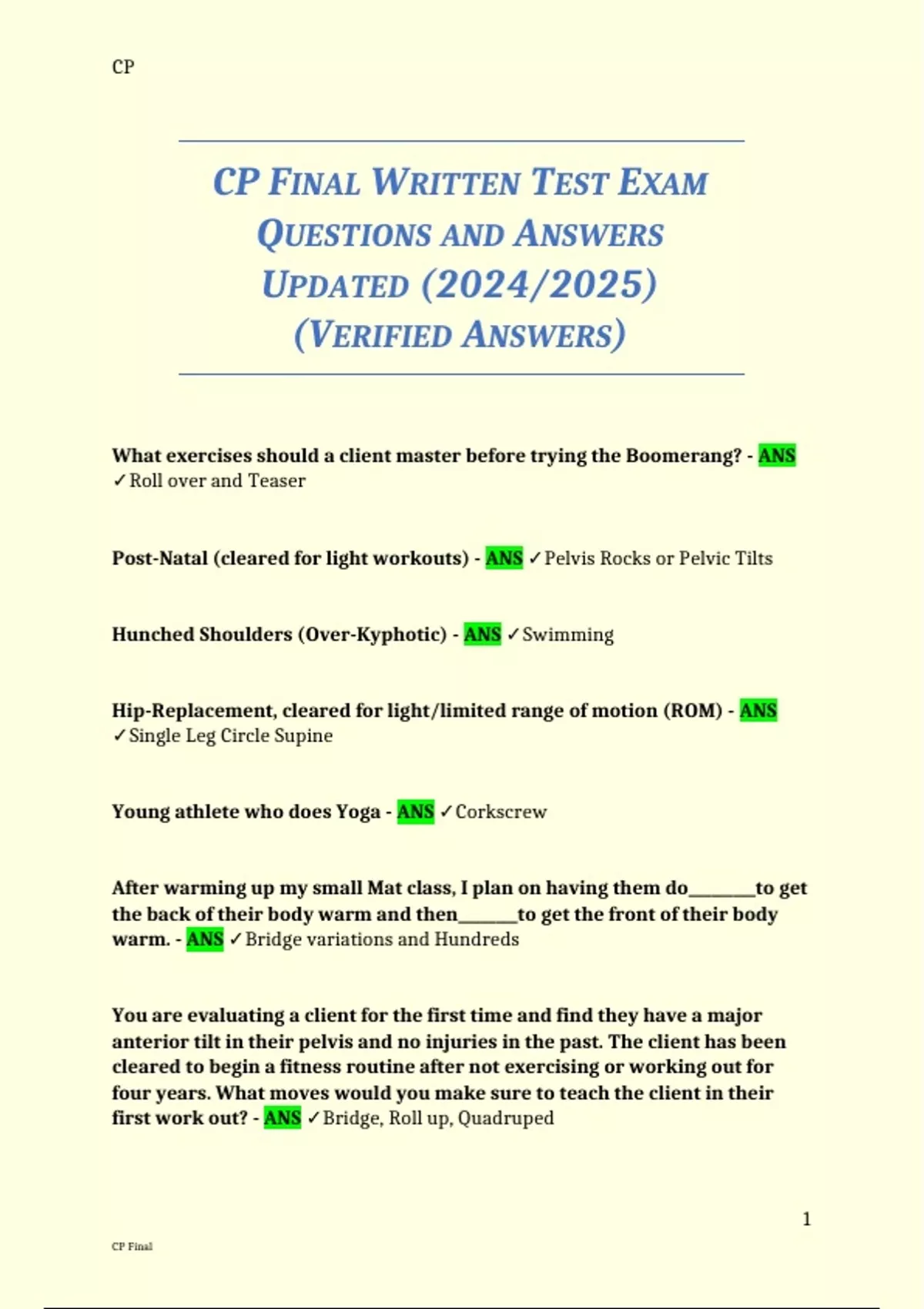 CP FINAL WRITTEN TEST EXAM QUESTIONS AND ANSWERS UPDATED (2024/2025 ...