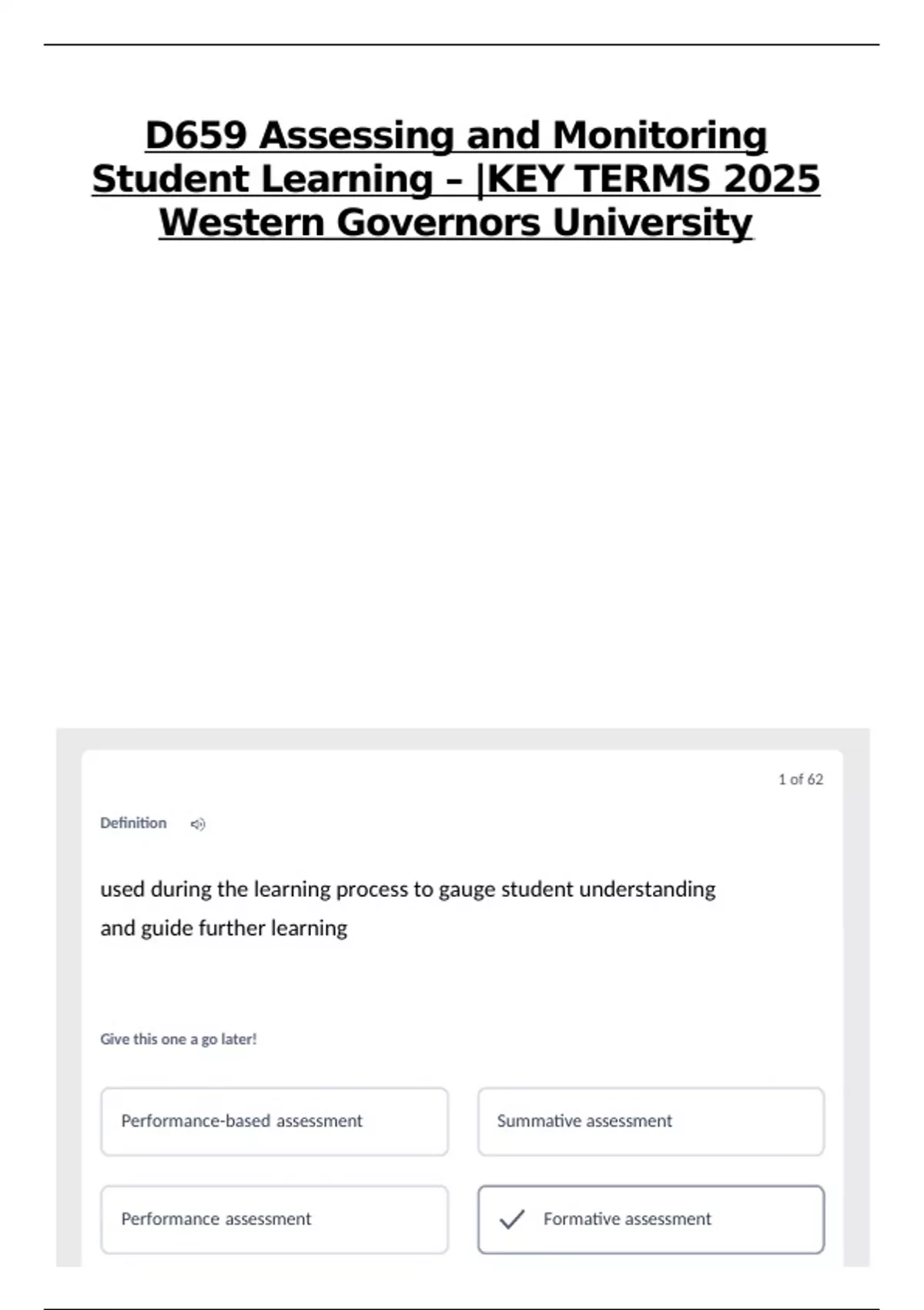 D659 Assessing And Monitoring Student Learning Key Terms 2025