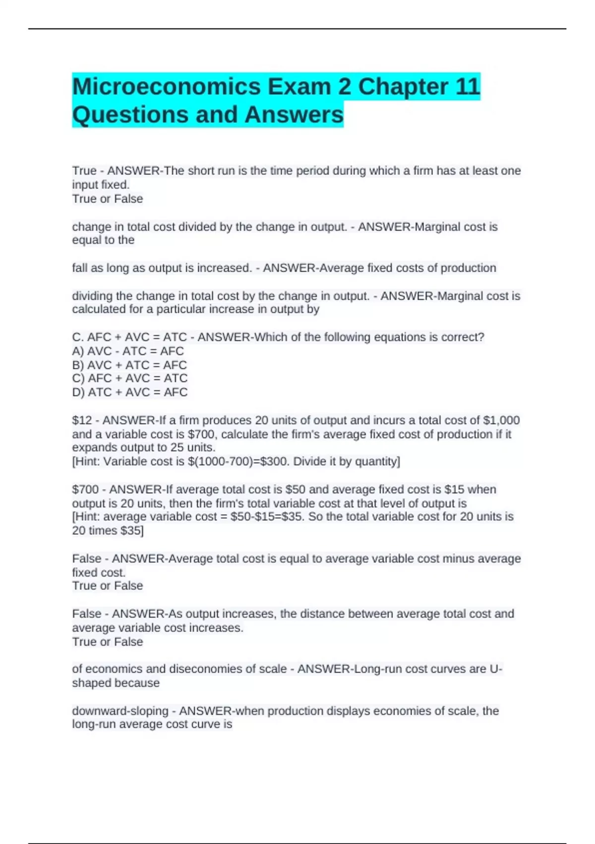 Microeconomics Exam 2 Chapter 11 Questions and Answers - Microeconomics ...