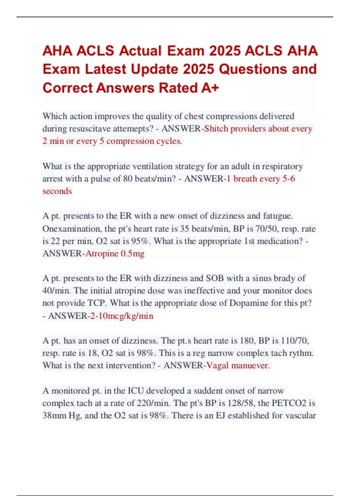 AHA ACLS Actual Exam 2025 ACLS AHA Exam Latest Update 2025 Questions ...