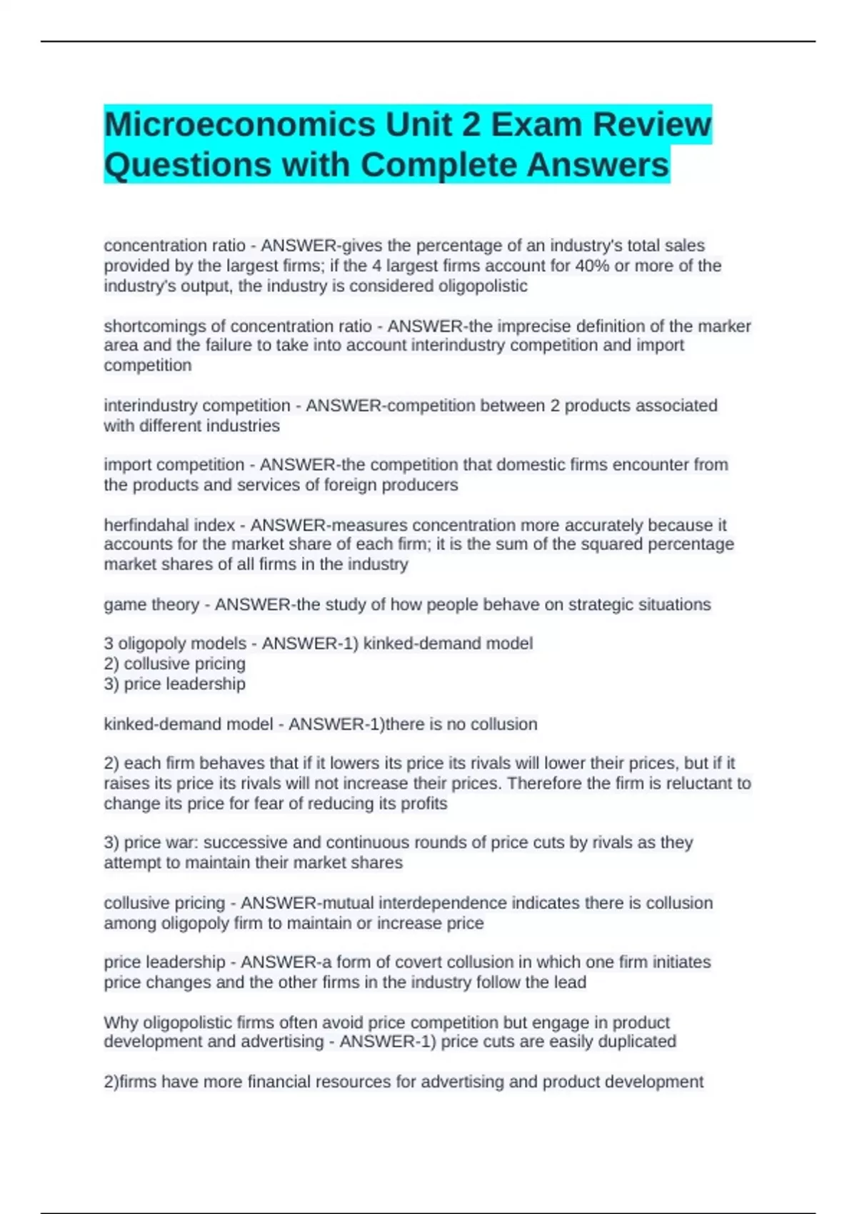 Microeconomics Unit 2 Exam Review Questions with Complete Answers ...