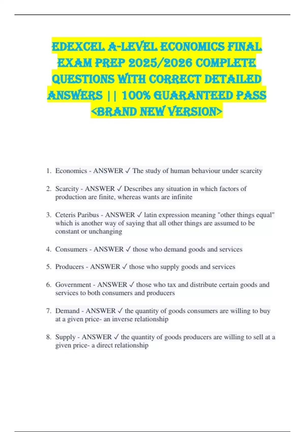 Edexcel A-Level Economics FINAL EXAM PREP 2025/2026 COMPLETE QUESTIONS WITH CORRECT DETAILED ...