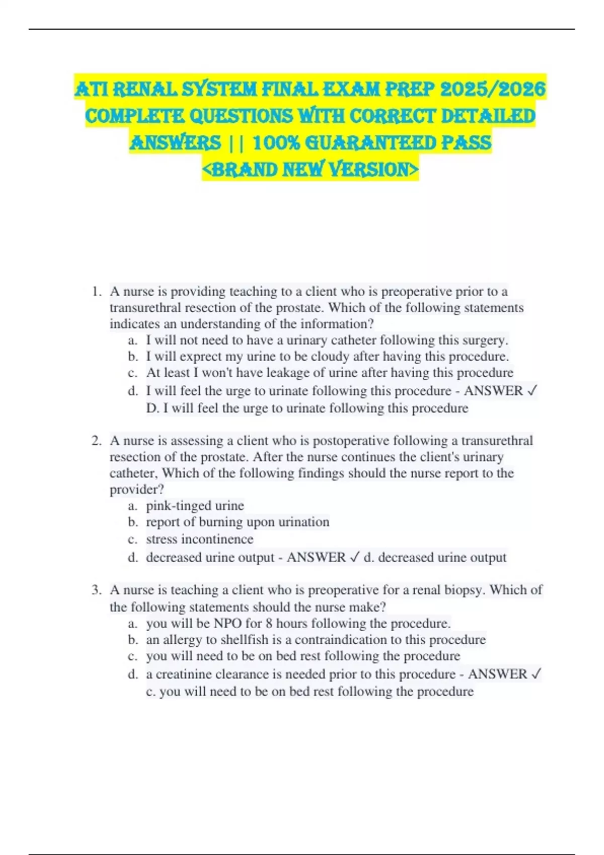 ATI Renal System FINAL EXAM PREP 2025/2026 COMPLETE QUESTIONS WITH ...