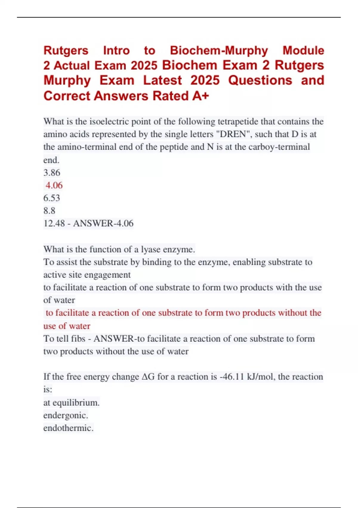 Rutgers Intro to Biochem-Murphy Module 2 Actual Exam 2025 Biochem Exam ...