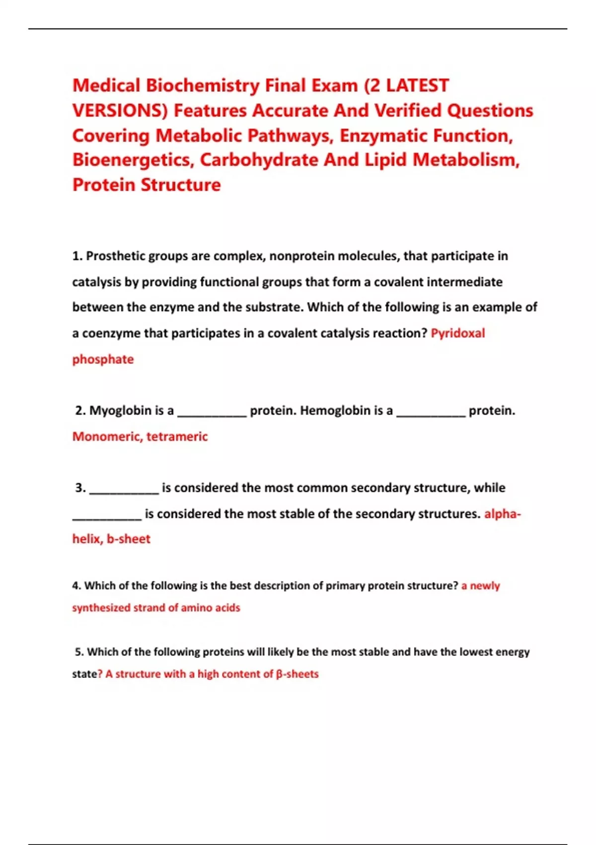 Medical Biochemistry Final Exam (2 LATEST VERSIONS) Features Accurate ...