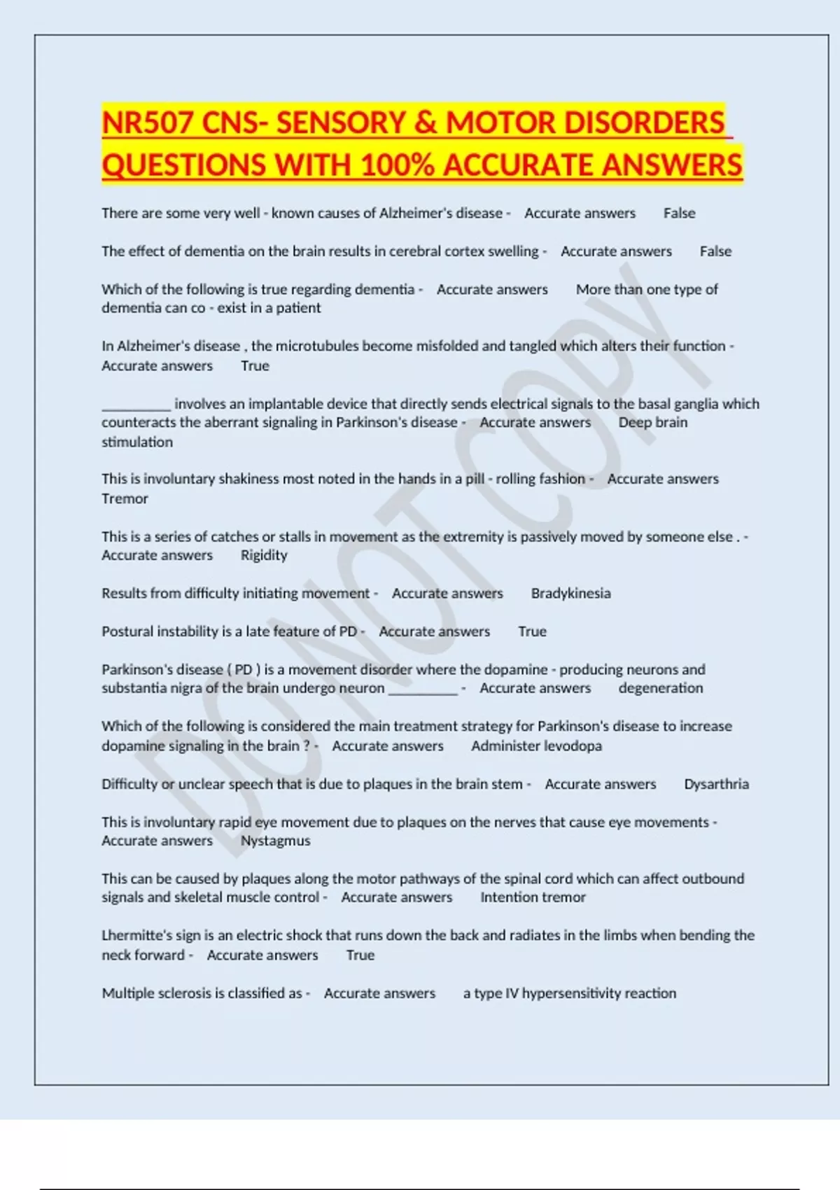 NR507 – CNS: Sensory & Motor Disorders – Chamberlain University – 2024/ ...