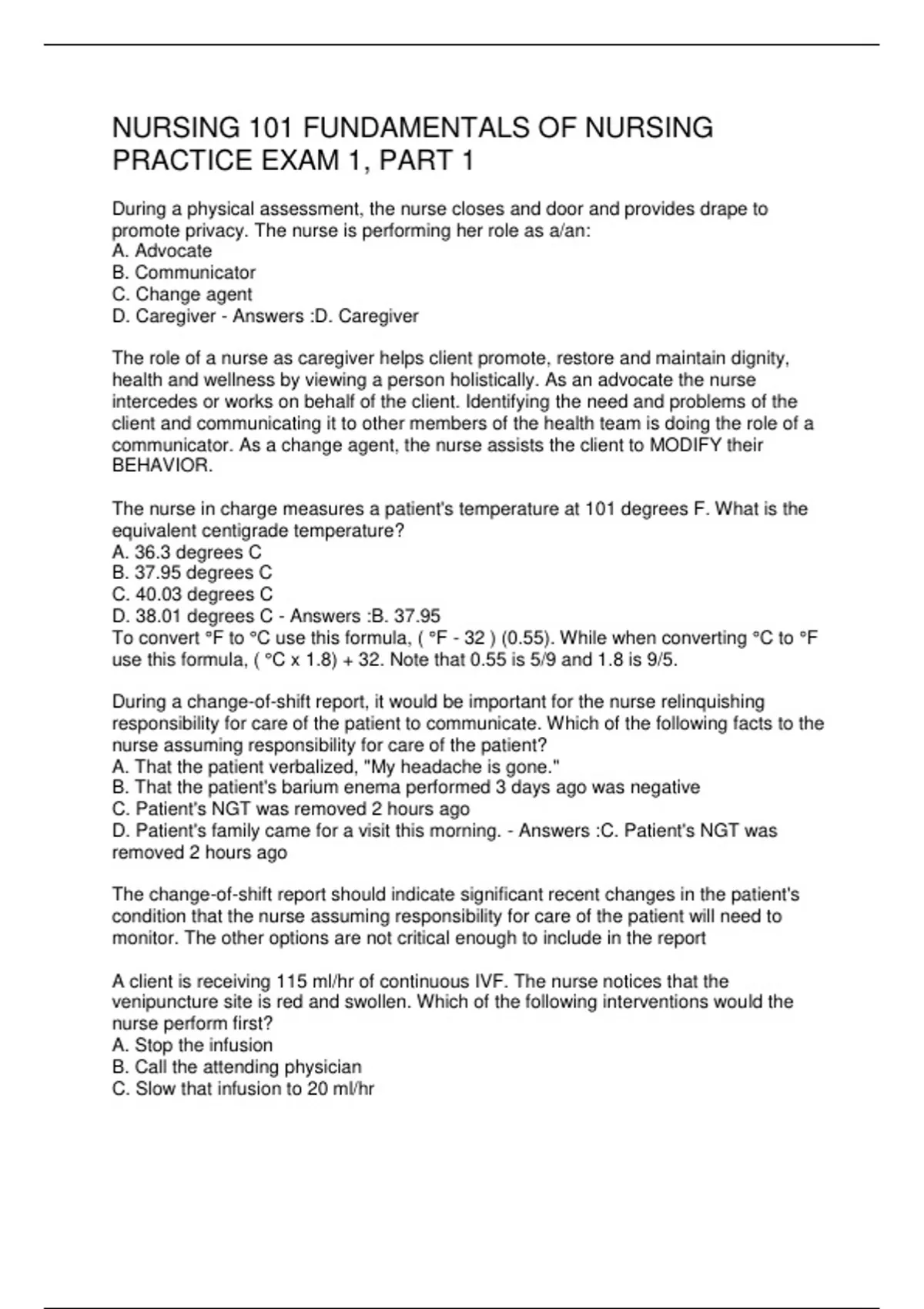 NURSING 101 FUNDAMENTALS OF NURSING PRACTICE EXAM 1, PART 1 - NUR 101 ...