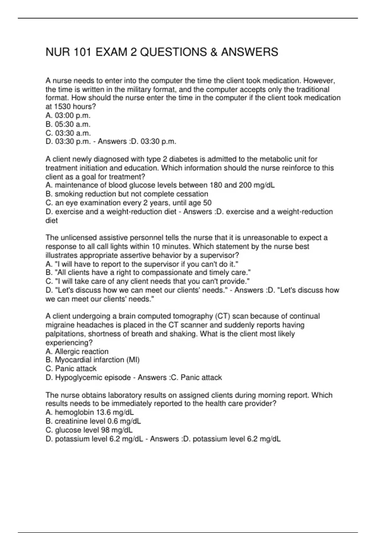 NUR 101 EXAM 2 QUESTIONS & ANSWERS - NUR 101 - Stuvia US