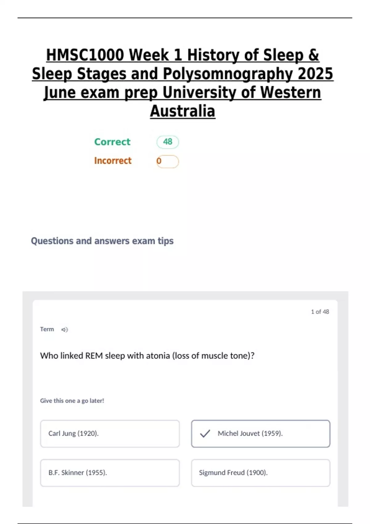 HMSC1000 Week 1 History of Sleep & Sleep Stages and Polysomnography ...