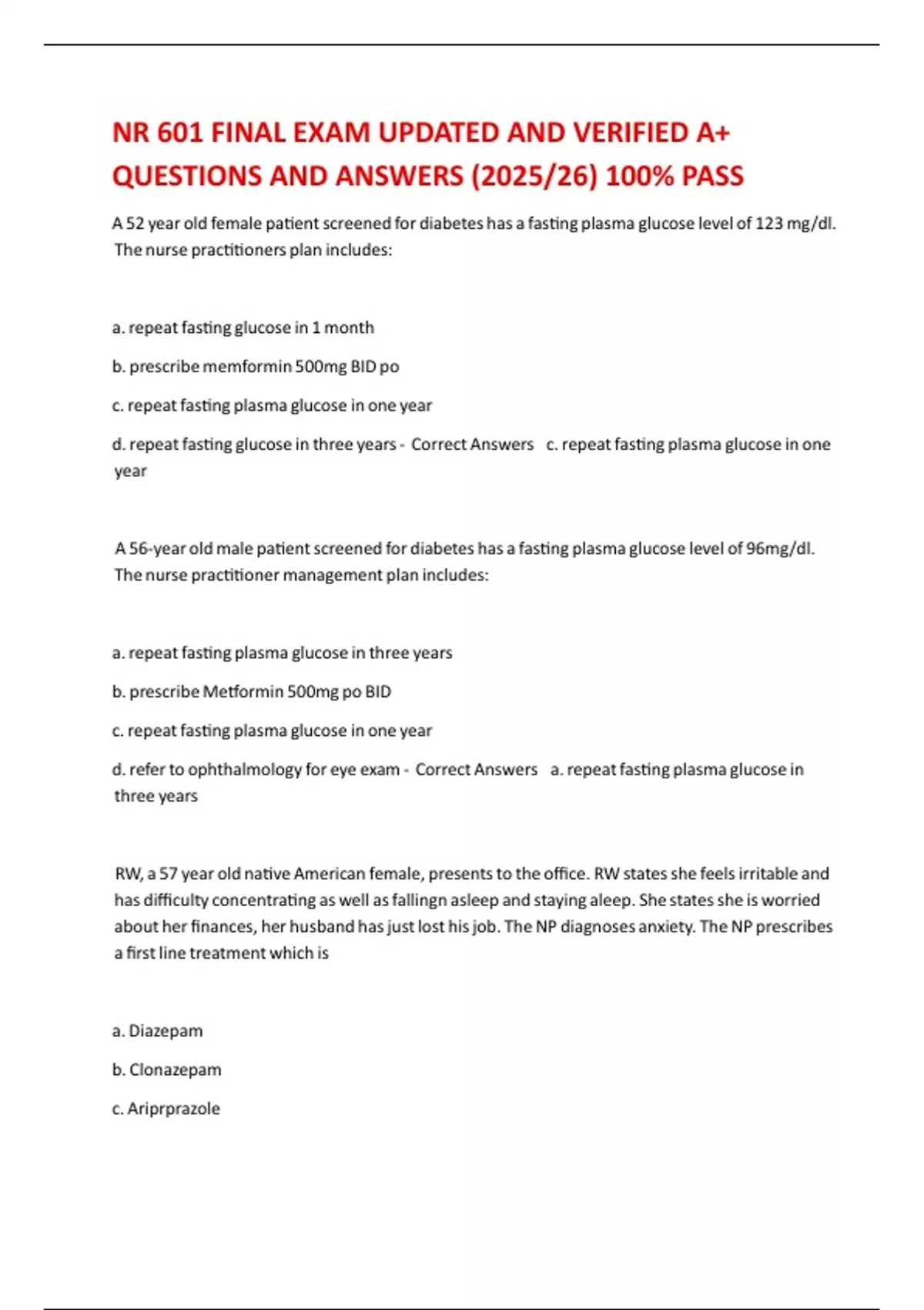NR 601 FINAL EXAM UPDATED AND VERIFIED A+ QUESTIONS AND ANSWERS (2025/26) 100% PASS - NR 601 ...